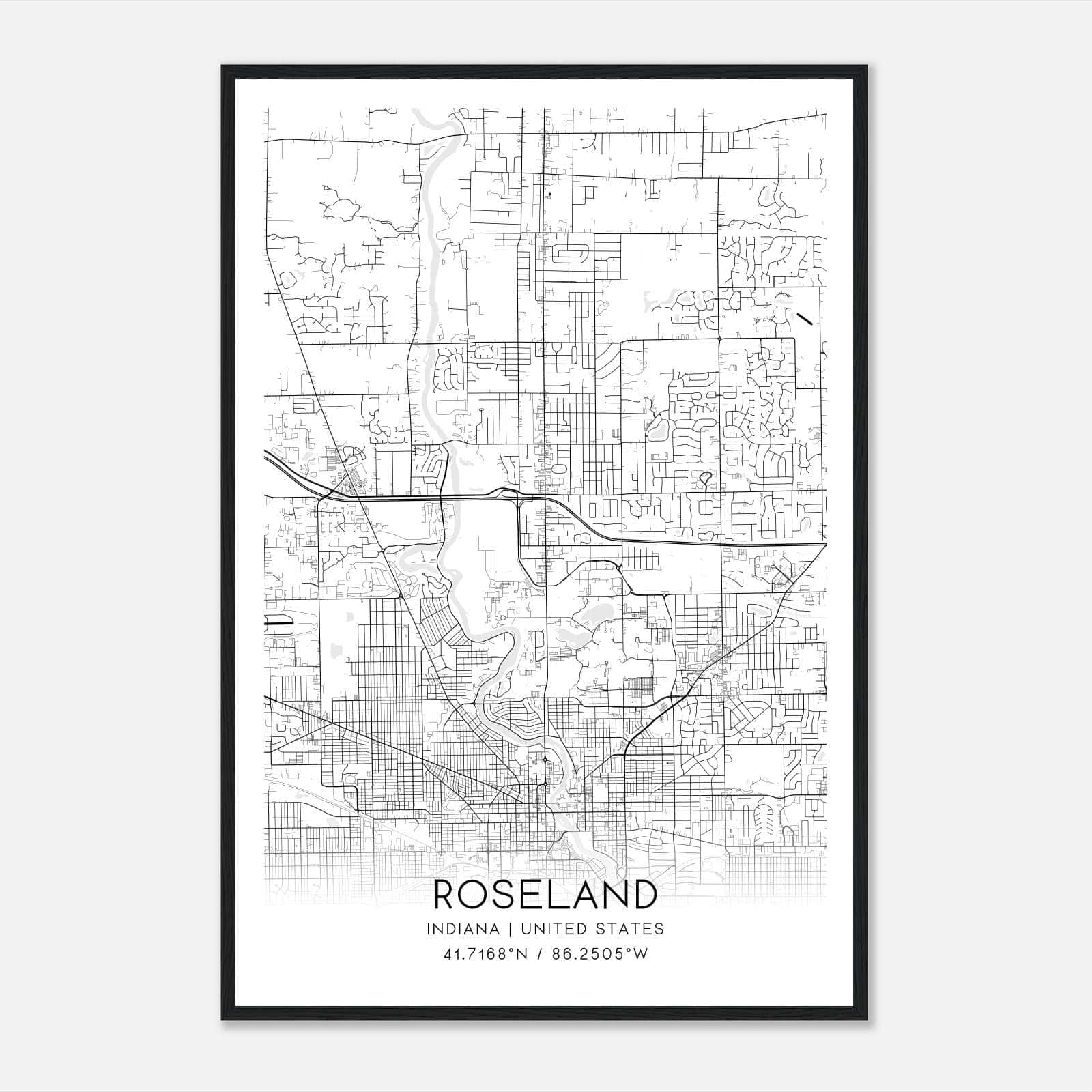 Roseland Indiana Map Poster, Modern Home Decor Wall Art Print - Custom ...