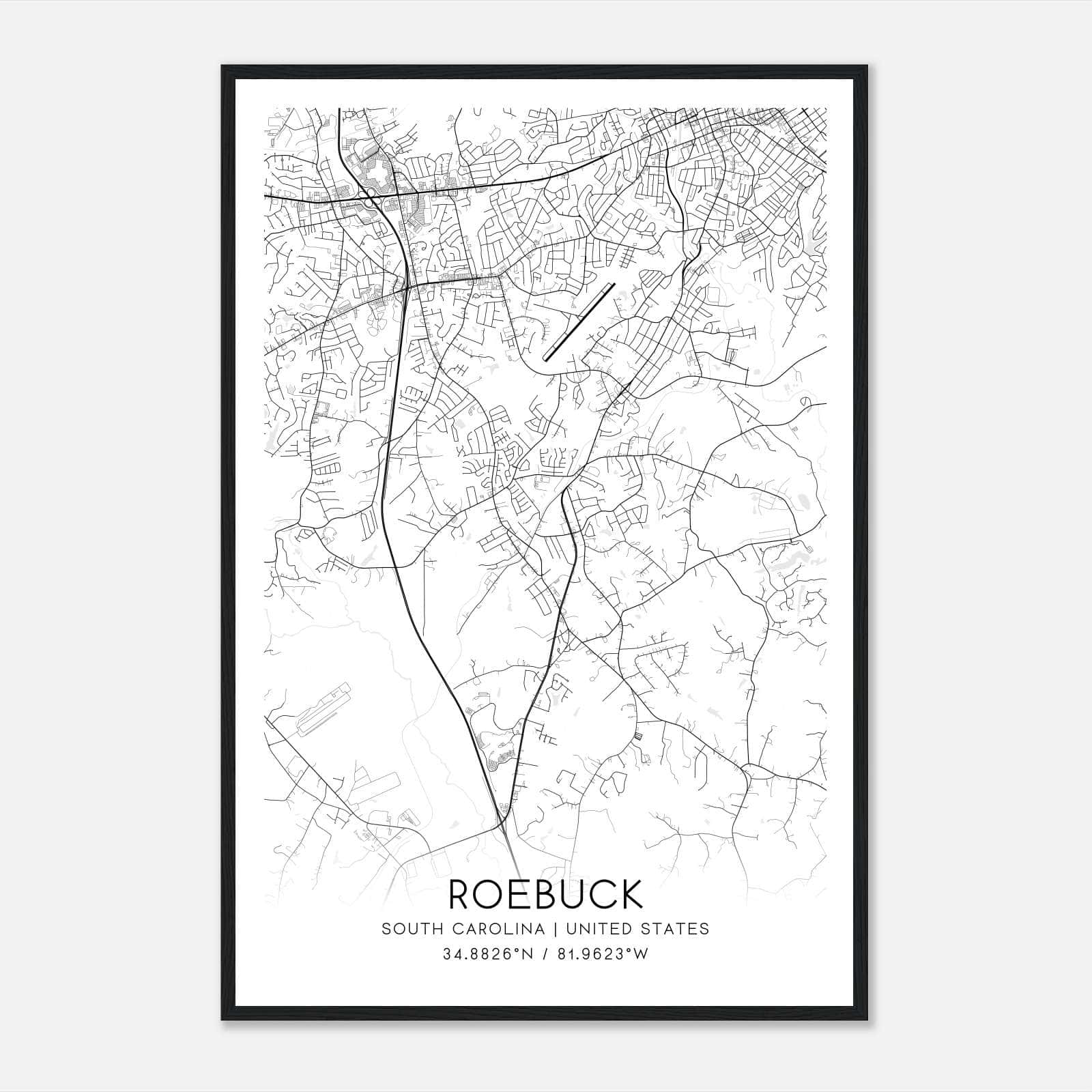 Roebuck South Carolina Map Poster, Modern Home Decor Wall Art Print ...