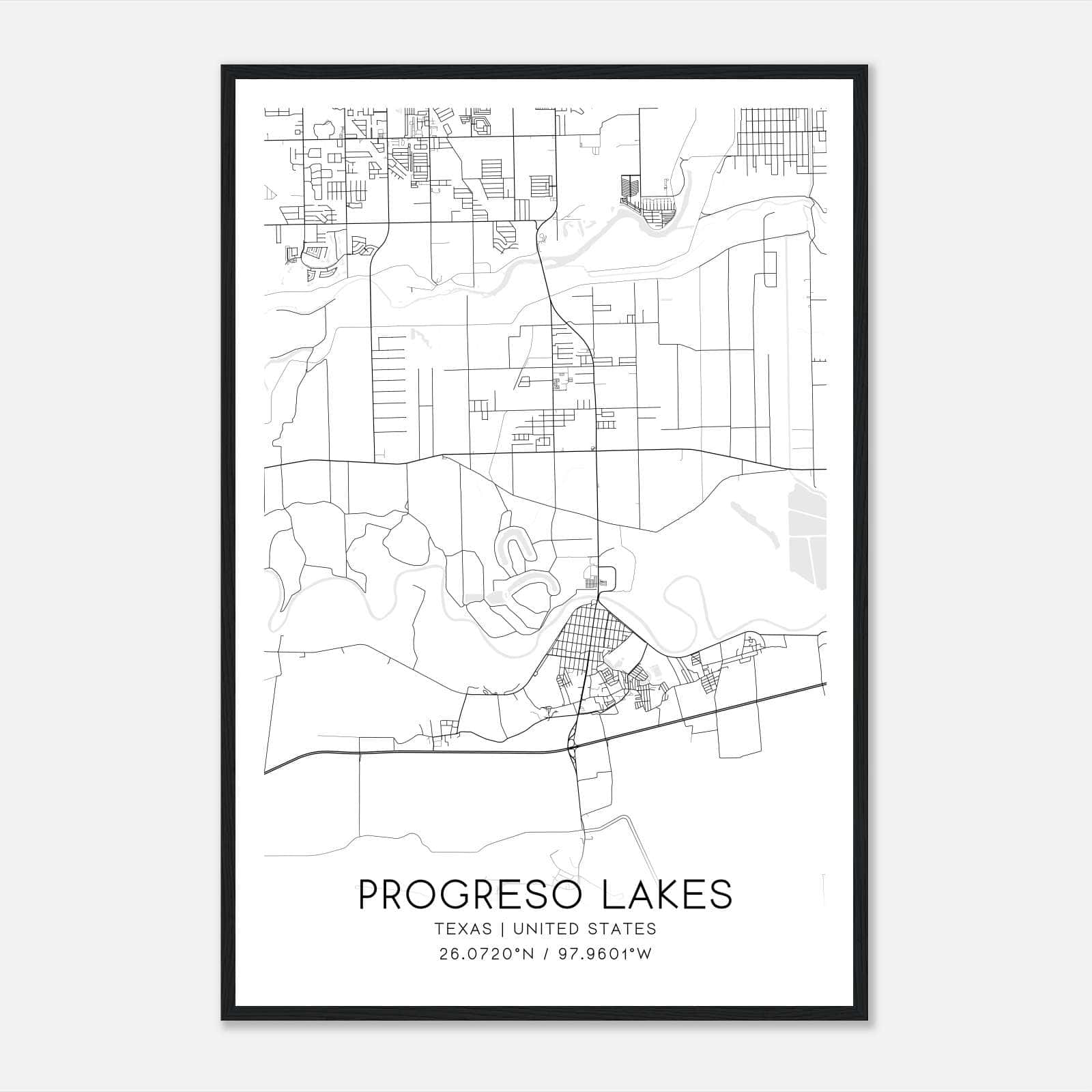 Progreso Lakes Texas Map Poster, Modern Home Decor Wall Art Print ...