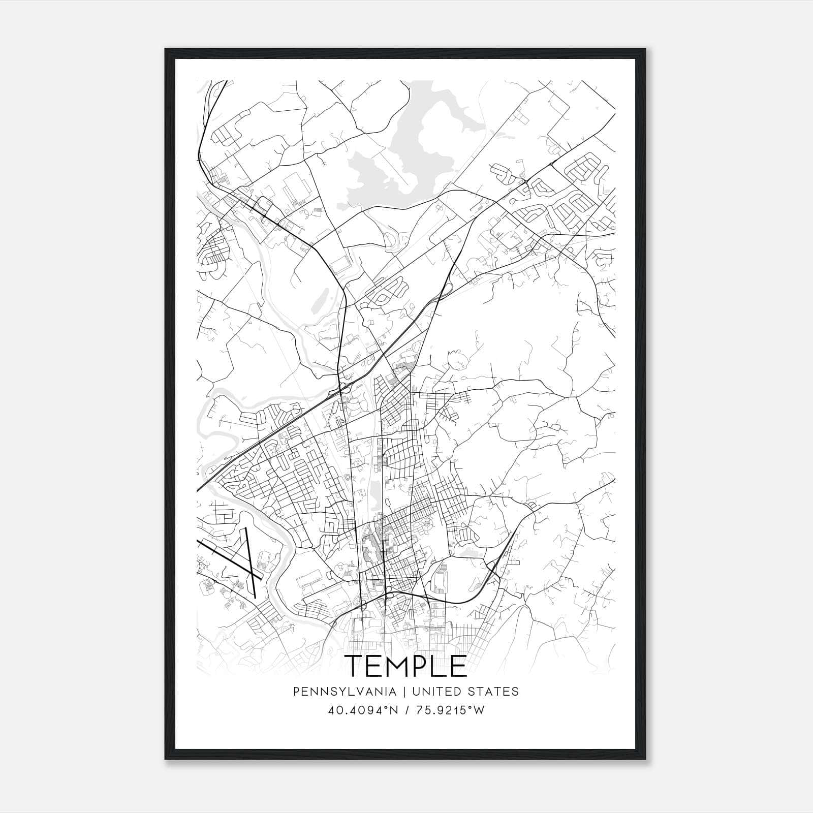 Temple Pennsylvania Map Poster, Modern Home Decor Wall Art Print ...