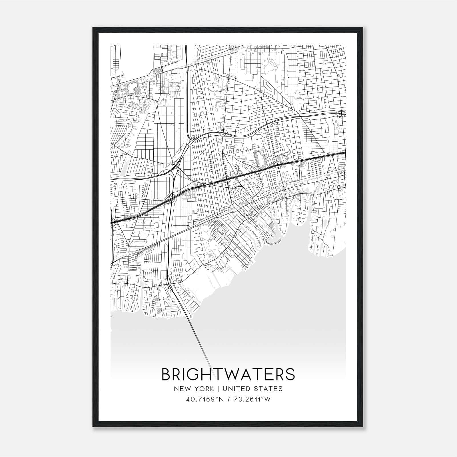 Brightwaters New York Map Poster, Modern Home Decor Wall Art Print - Custom Maps & Posters