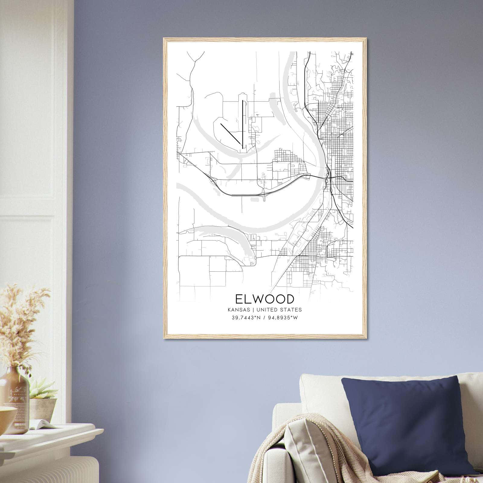 Elwood Kansas Map Poster, Modern Home Decor Wall Art Print - Custom ...