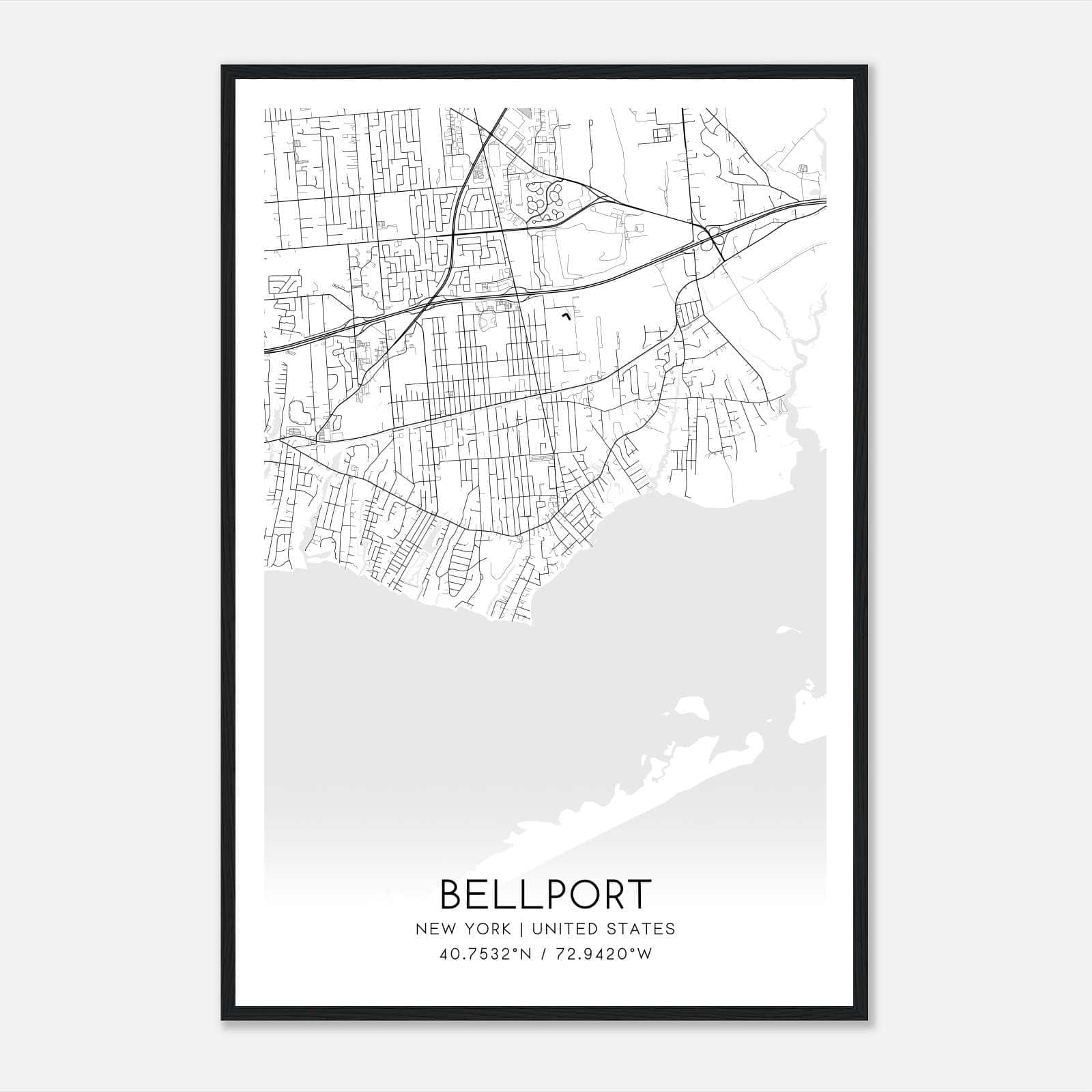 Bellport New York Map Poster, Modern Home Decor Wall Art Print - Custom Maps & Posters