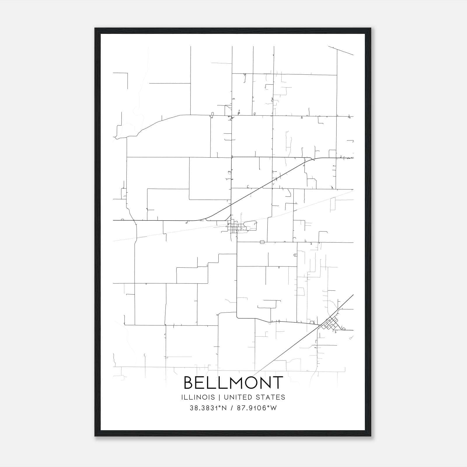 Bellmont Illinois Map Poster, Modern Home Decor Wall Art Print - Custom ...
