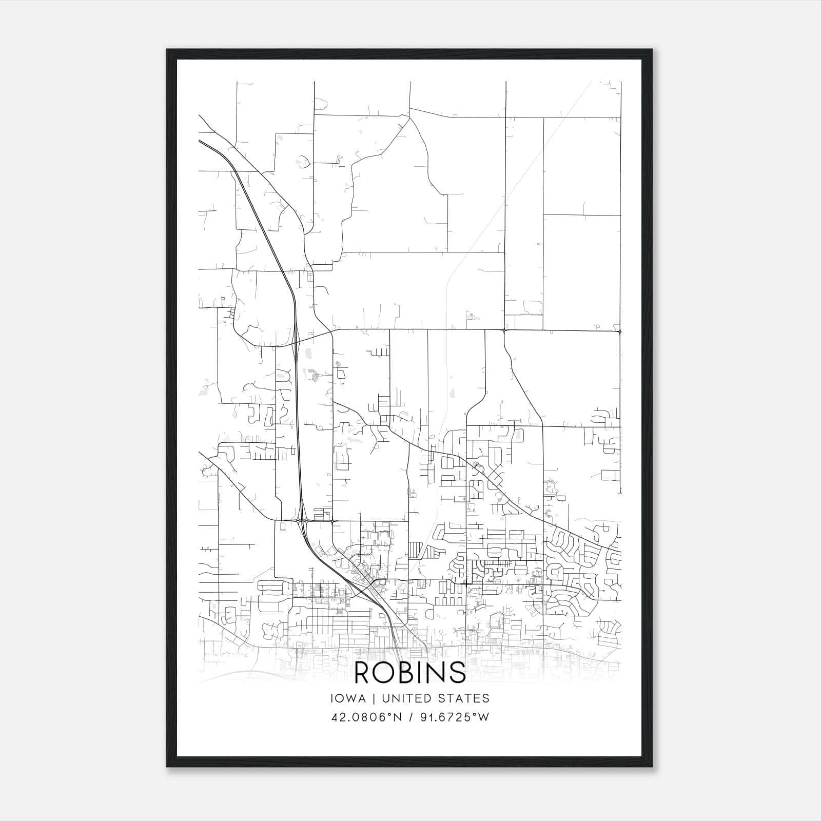 Robins Iowa Map Poster, Modern Home Decor Wall Art Print - Custom Maps ...