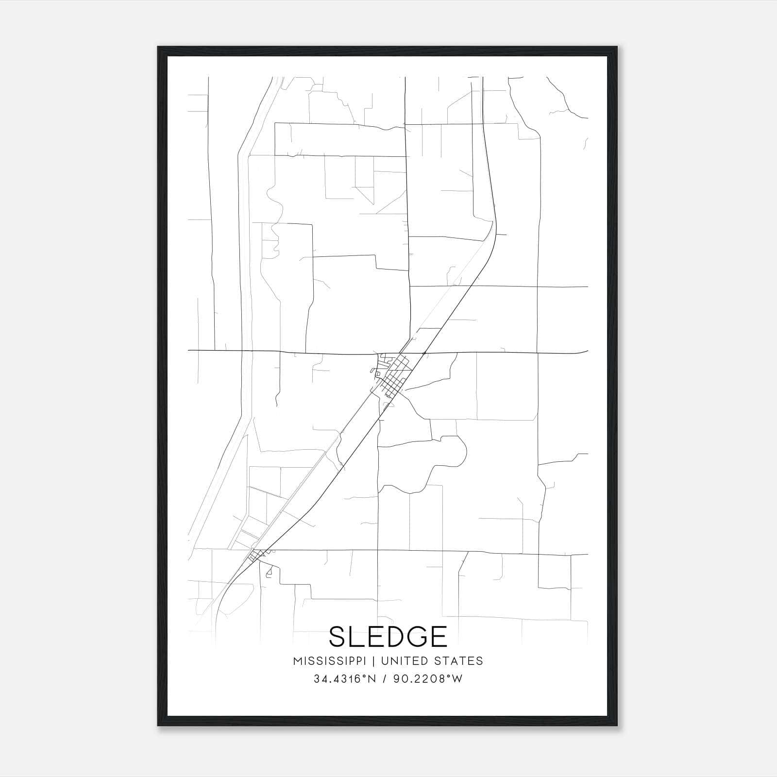 Sledge Mississippi Map Poster, Modern Home Decor Wall Art Print ...