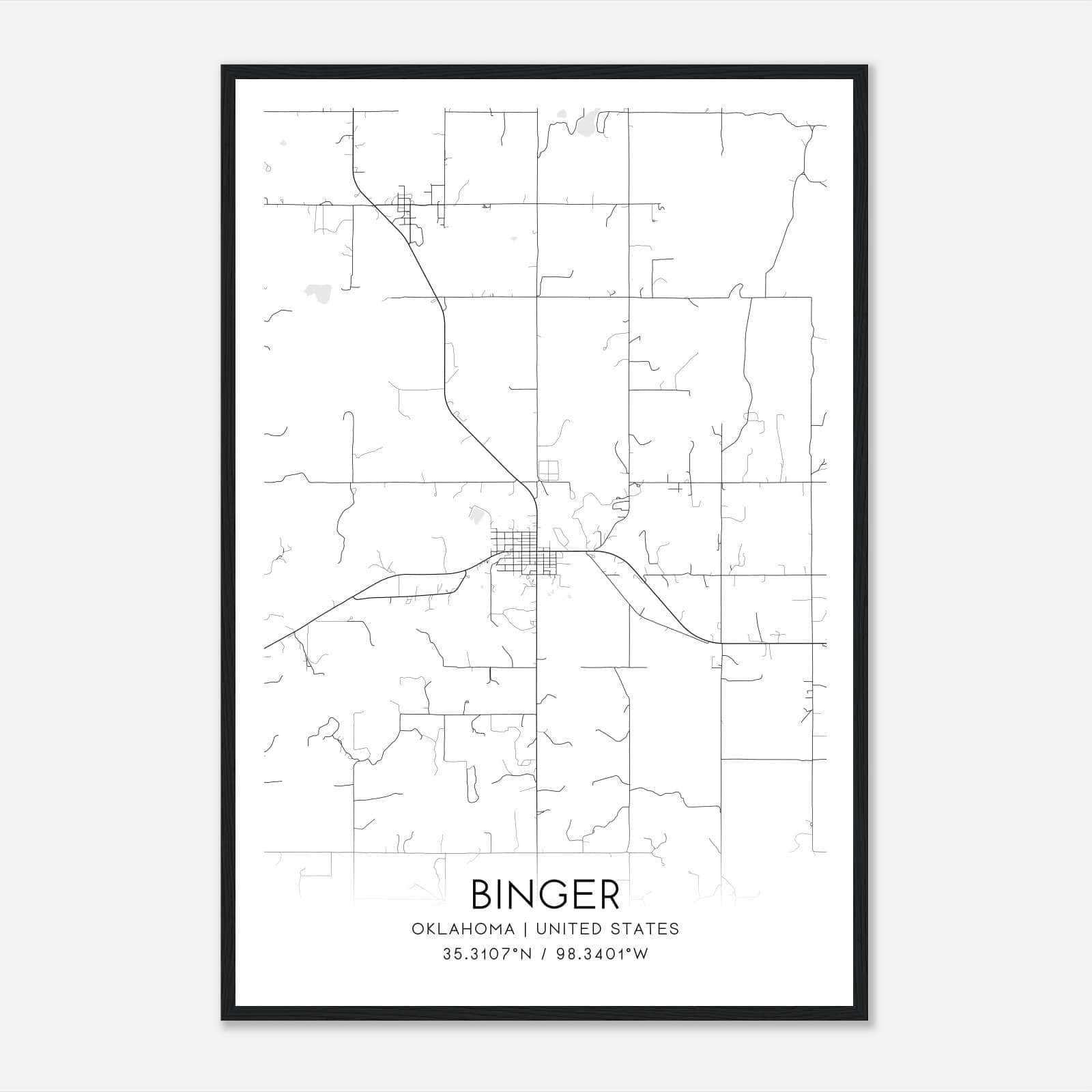 Binger Oklahoma Map Poster, Modern Home Decor Wall Art Print - Custom ...