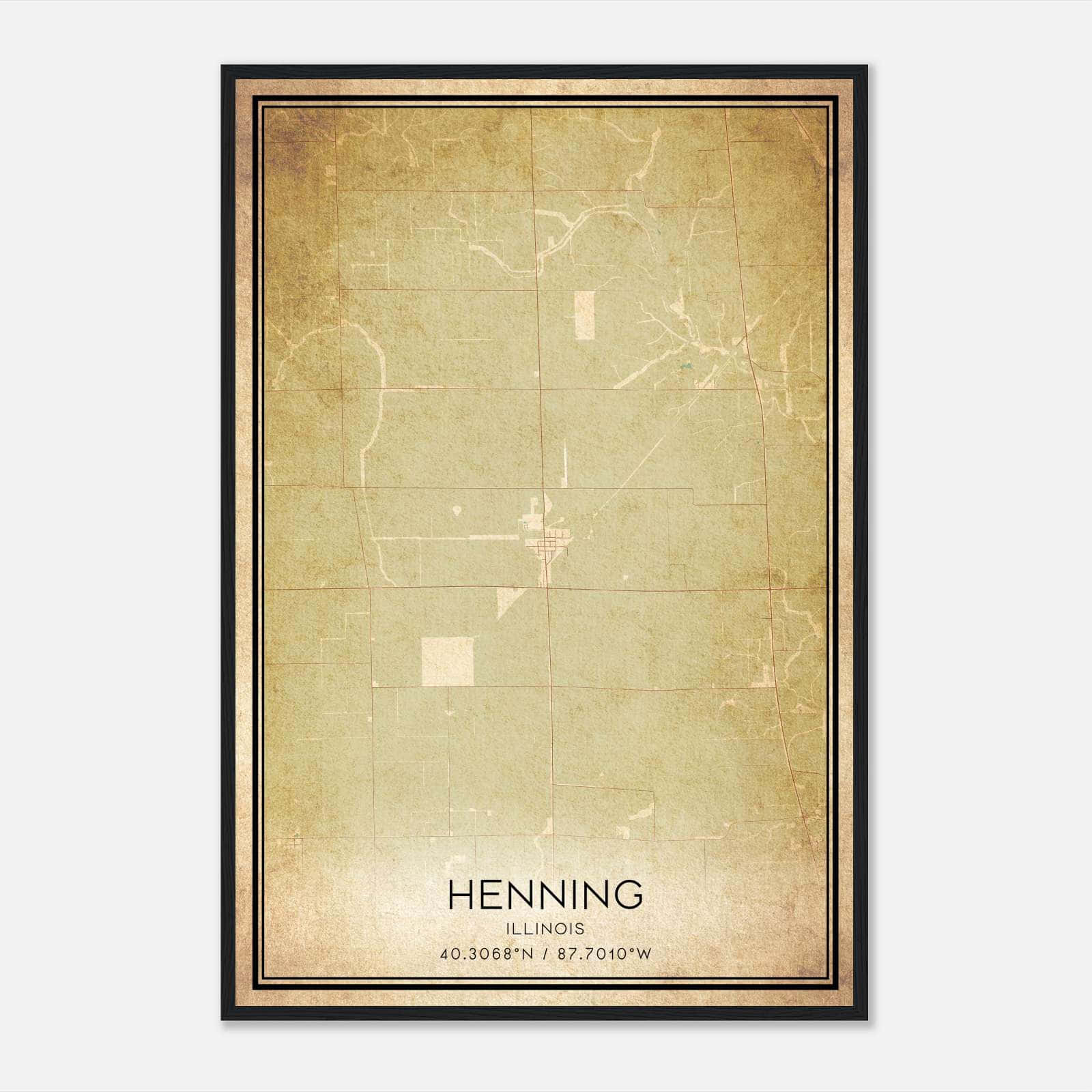 Vintage Henning Illinois Map Poster, Henning IL City Road Wall Art ...