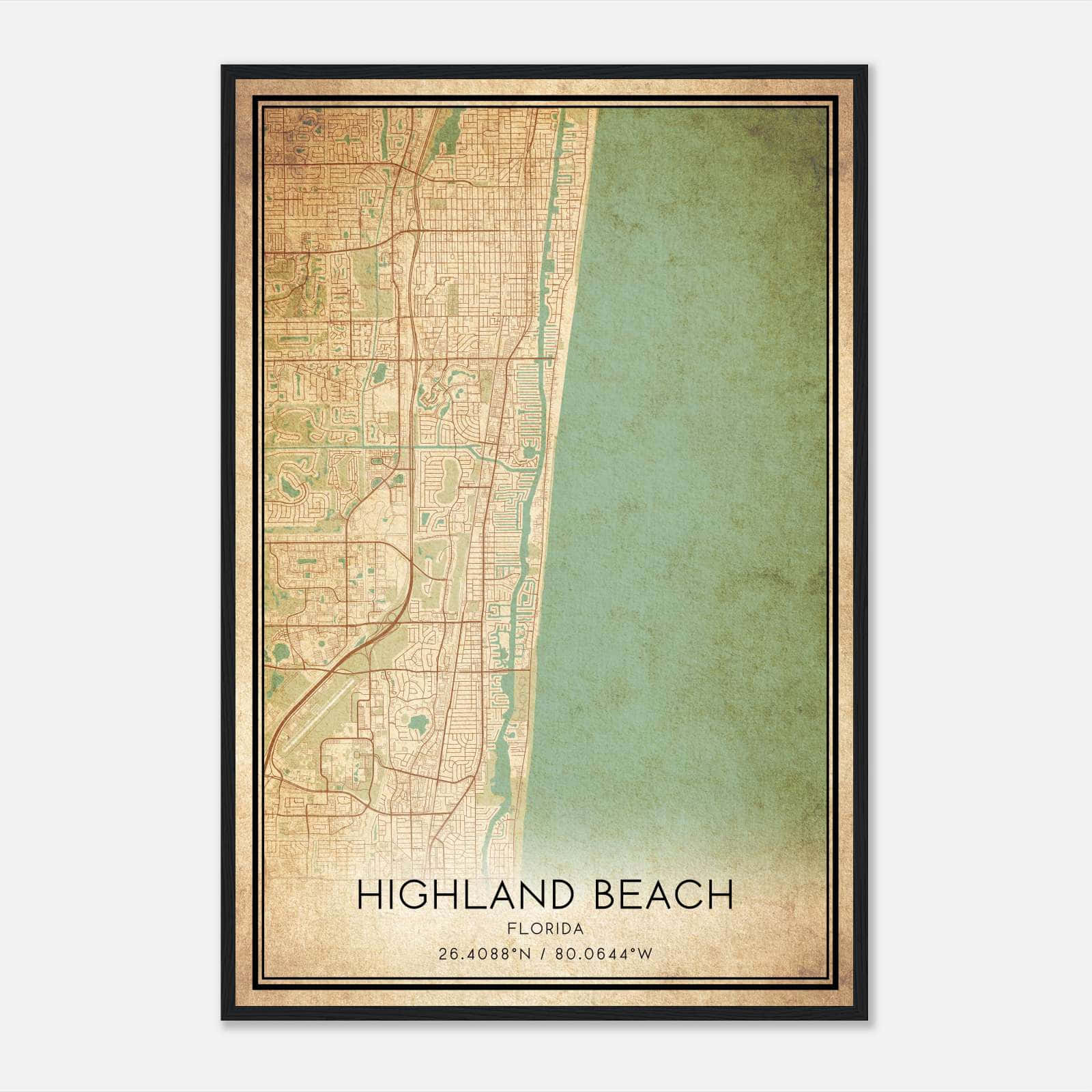 Vintage Highland Beach Florida Map Poster, Highland Beach FL City Road ...
