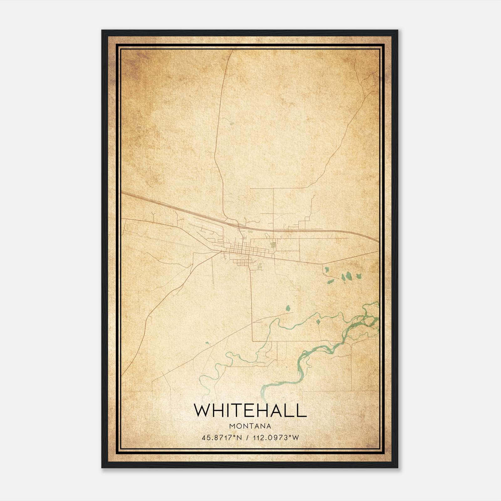 Vintage Whitehall Montana Map Poster, Whitehall MT City Road Wall Art ...