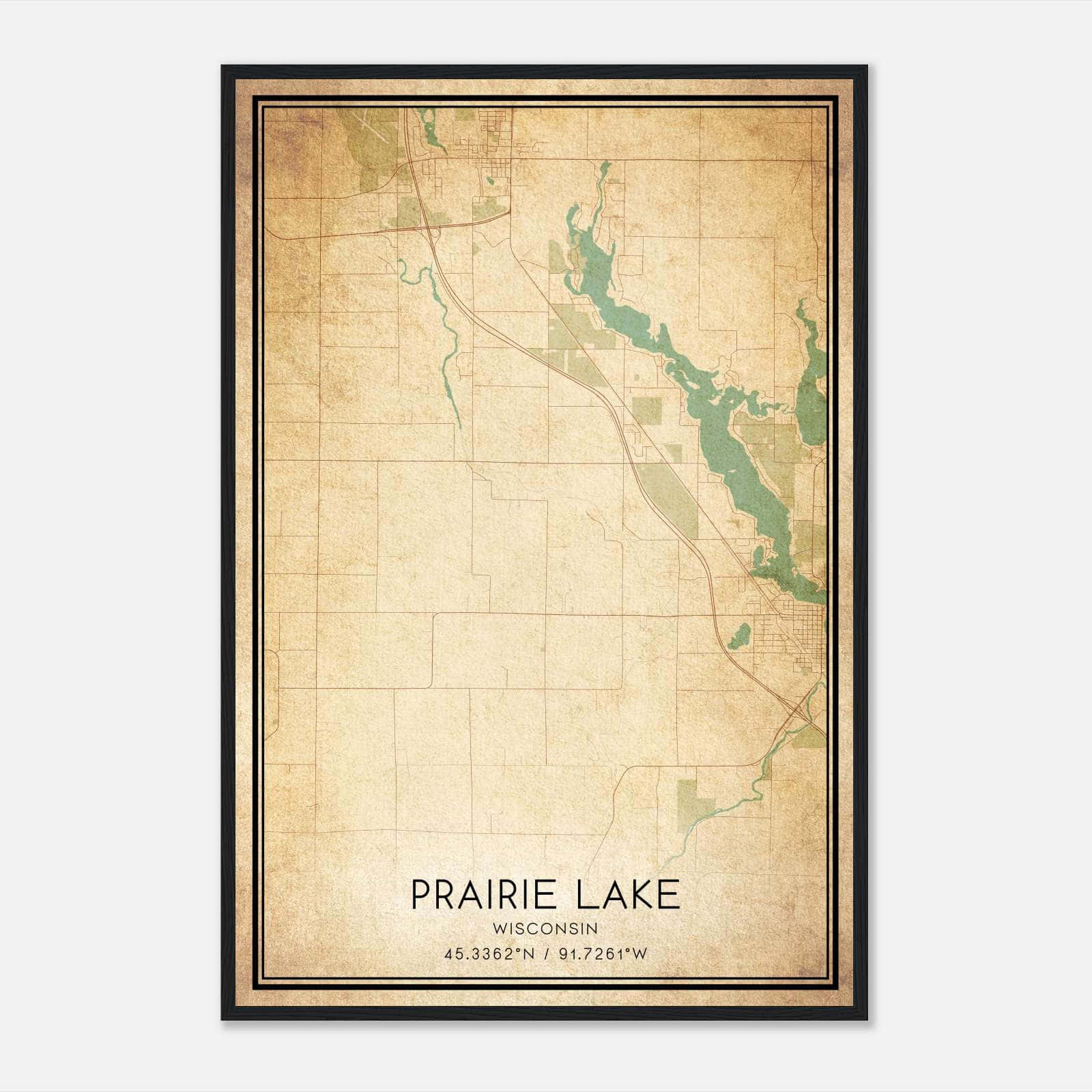 Vintage Prairie Lake Wisconsin Map Poster, Prairie Lake WI City Road ...