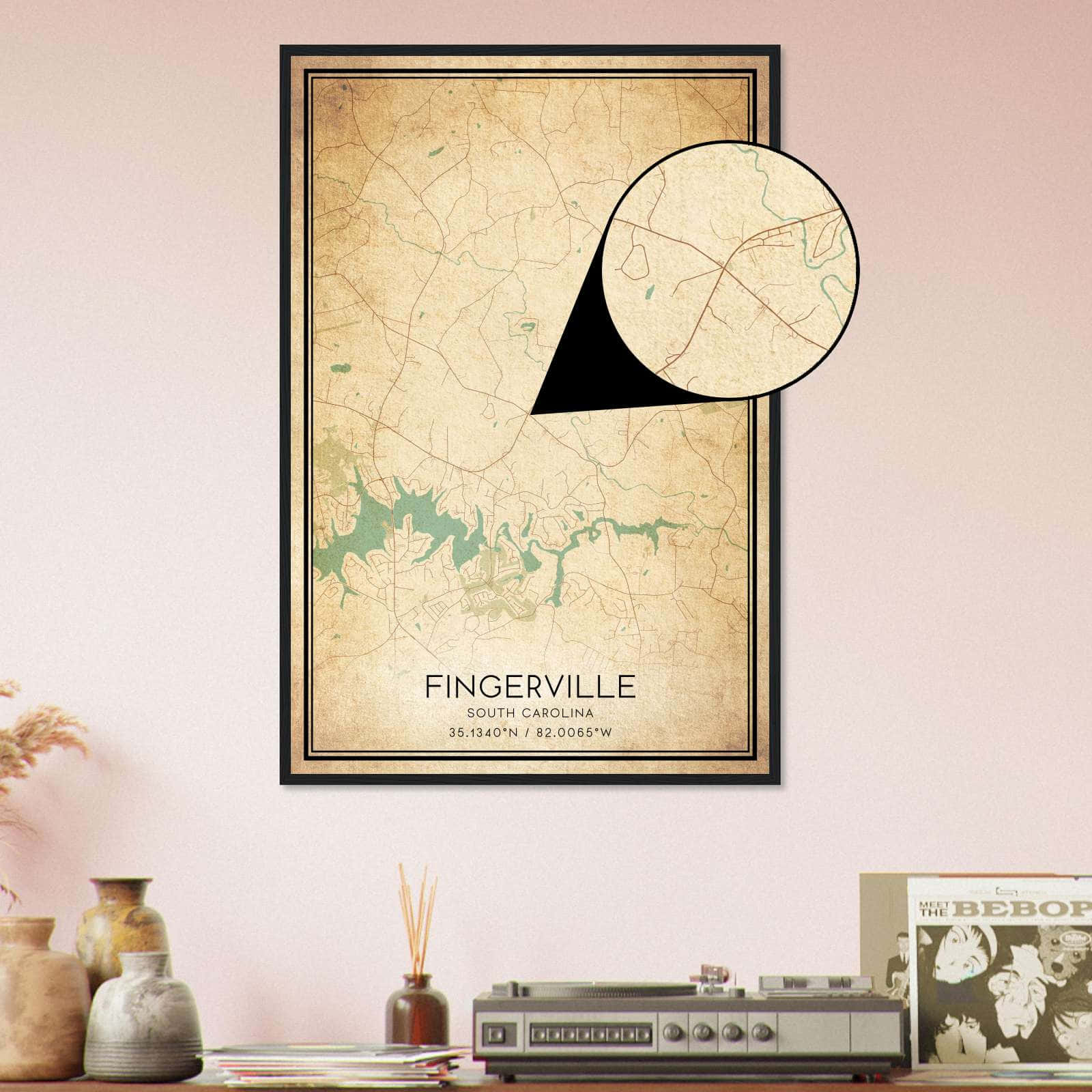 Vintage Fingerville South Carolina Map Poster, Fingerville SC City Road ...