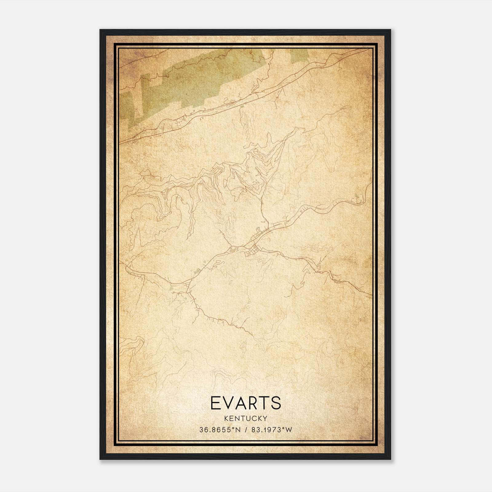 Vintage Evarts Kentucky Map Poster, Evarts KY City Road Wall Art Print ...