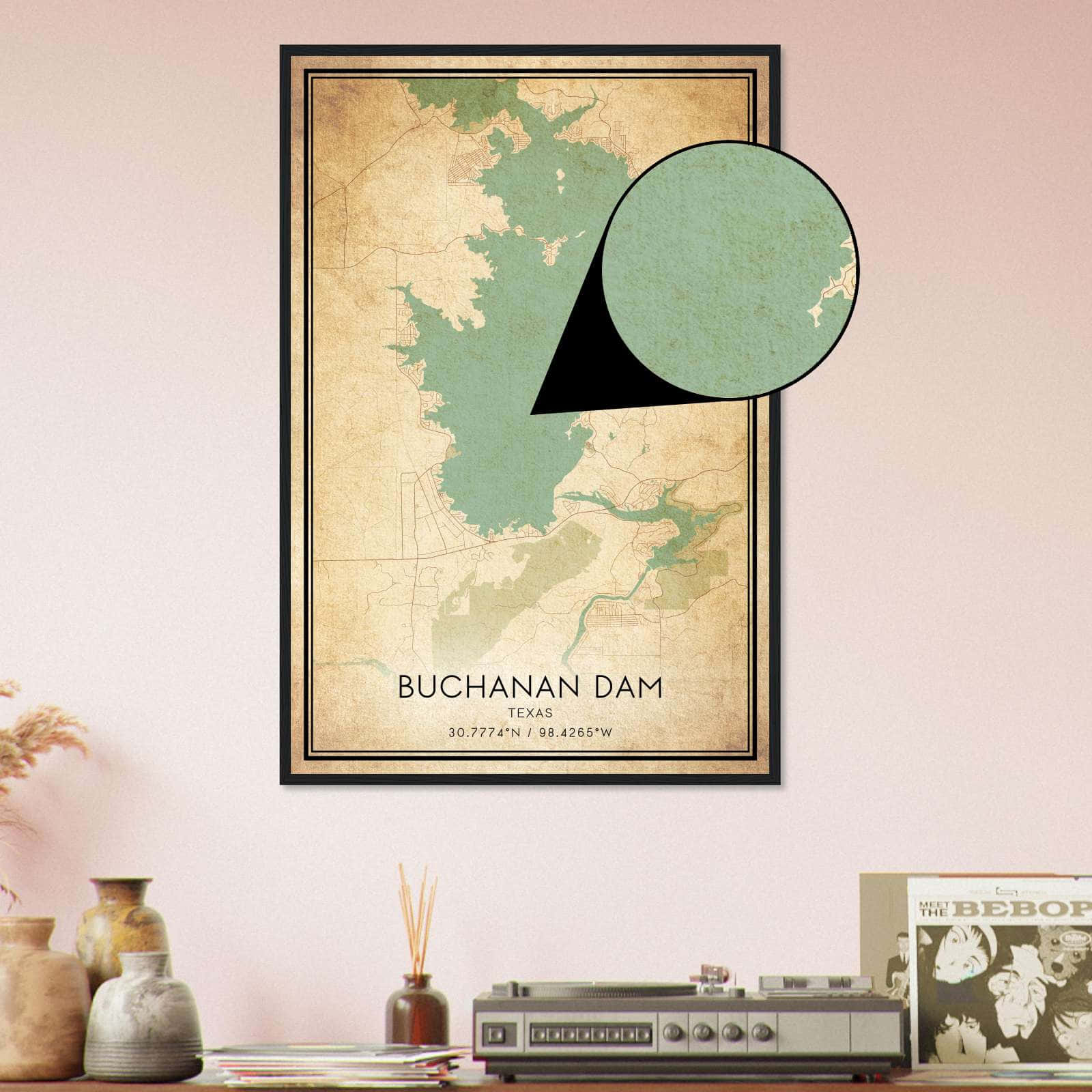 Vintage Buchanan Dam Texas Map Poster, Buchanan Dam TX City Road Wall ...