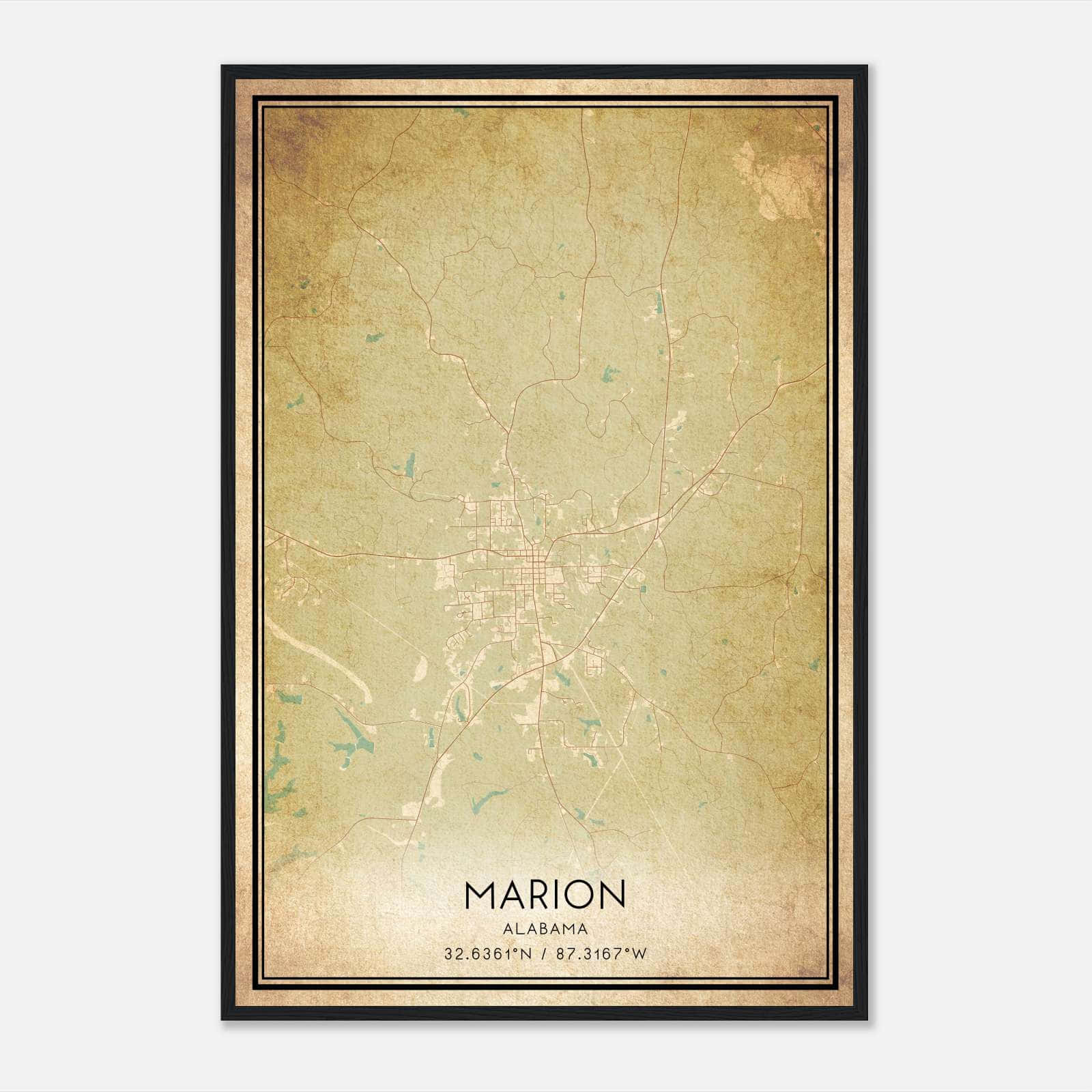 Vintage Marion Alabama Map Poster, Marion AL City Road Wall Art Print ...