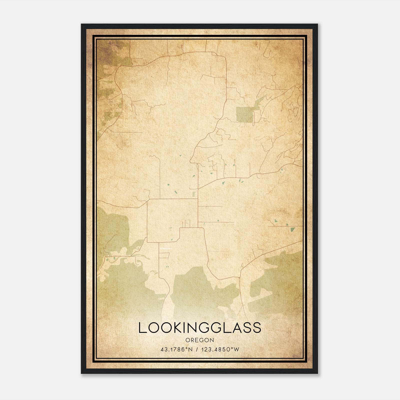 Vintage Lookingglass Oregon Map Poster, Lookingglass OR City Road Wall ...