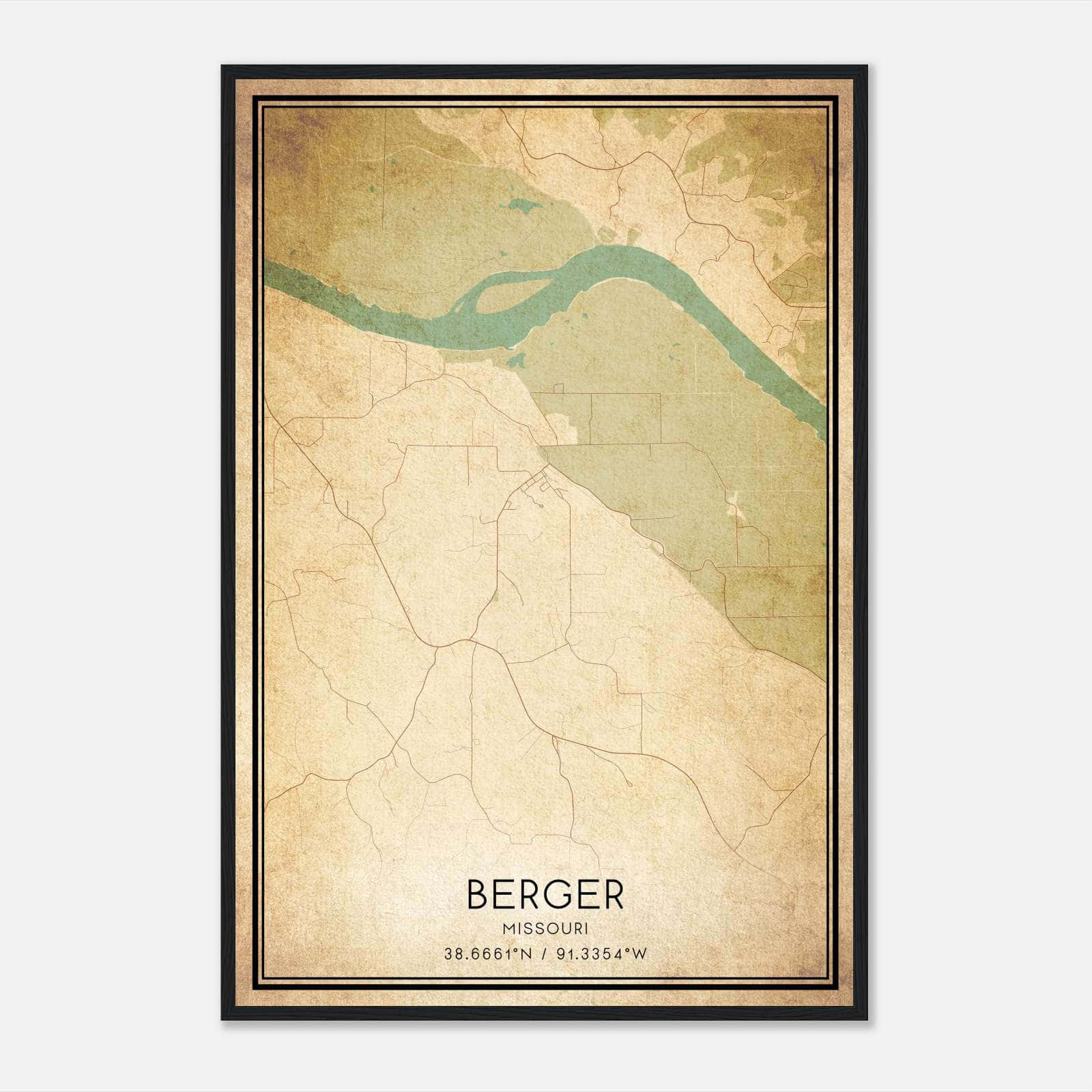 Vintage Berger Missouri Map Poster, Berger MO City Road Wall Art Print ...