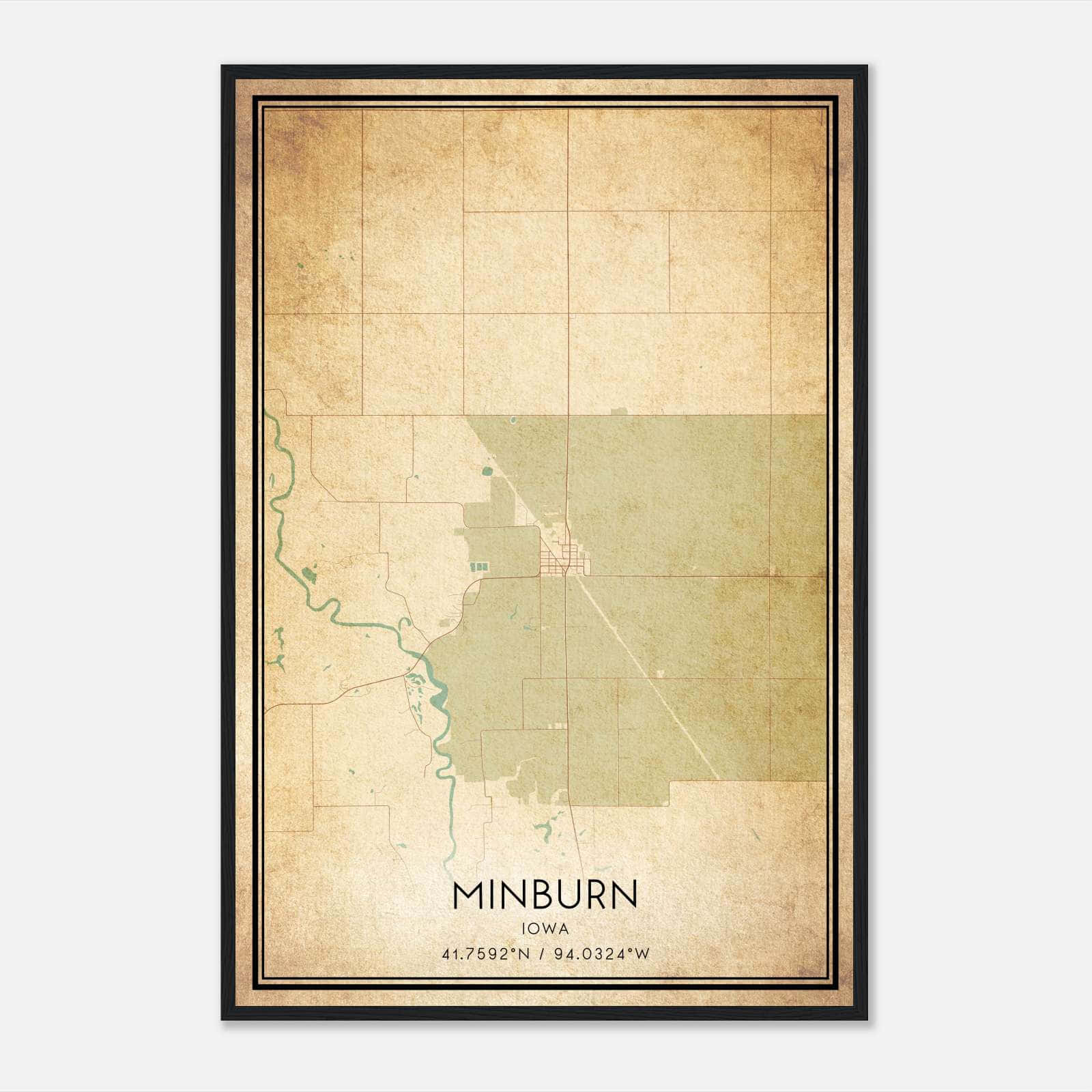 Vintage Minburn Iowa Map Poster, Minburn IA City Road Wall Art Print ...