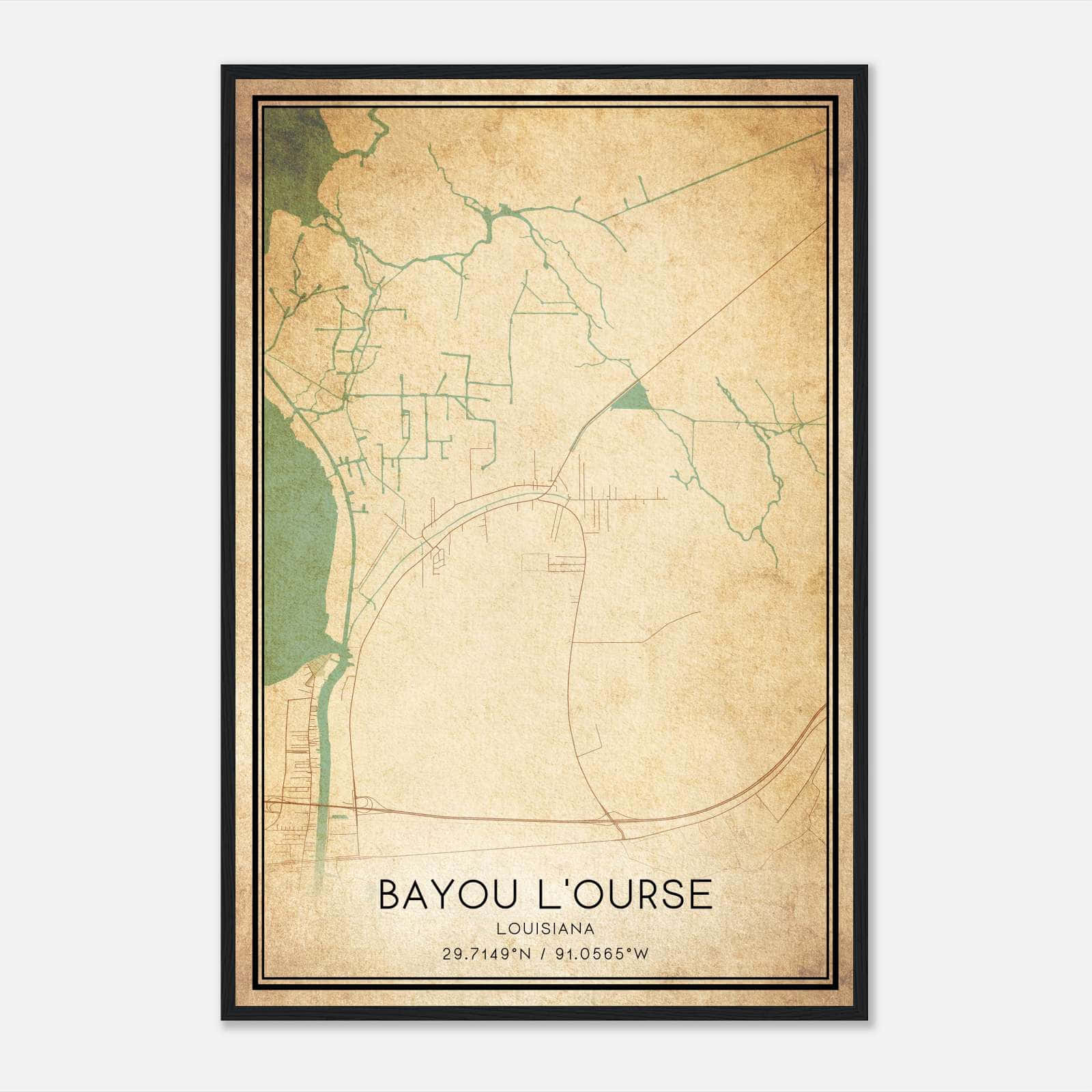 Vintage Bayou L'Ourse Louisiana Map Poster, Bayou L'Ourse LA City Road ...