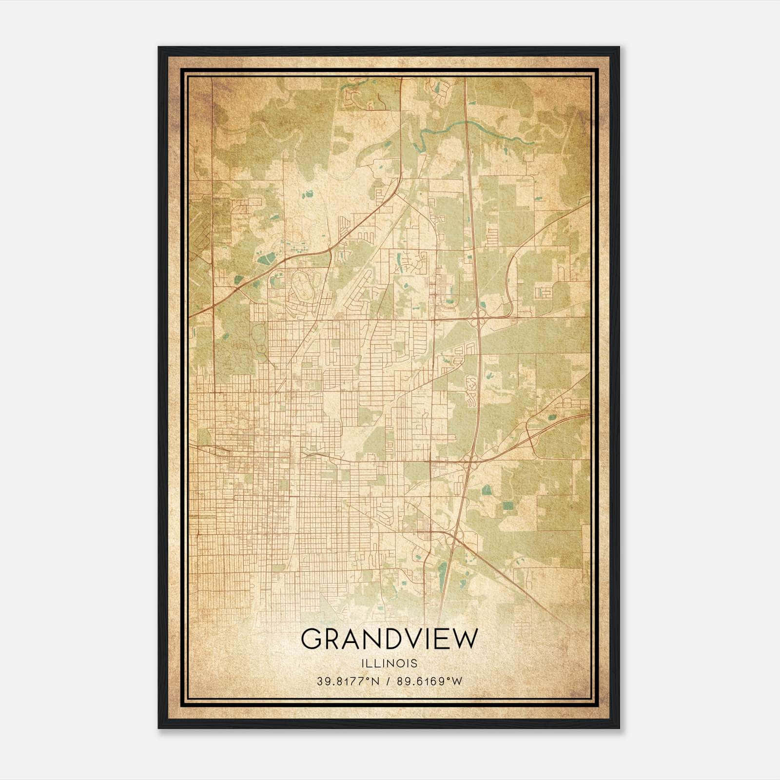 Vintage Grandview Illinois Map Poster, Grandview IL City Road Wall Art ...