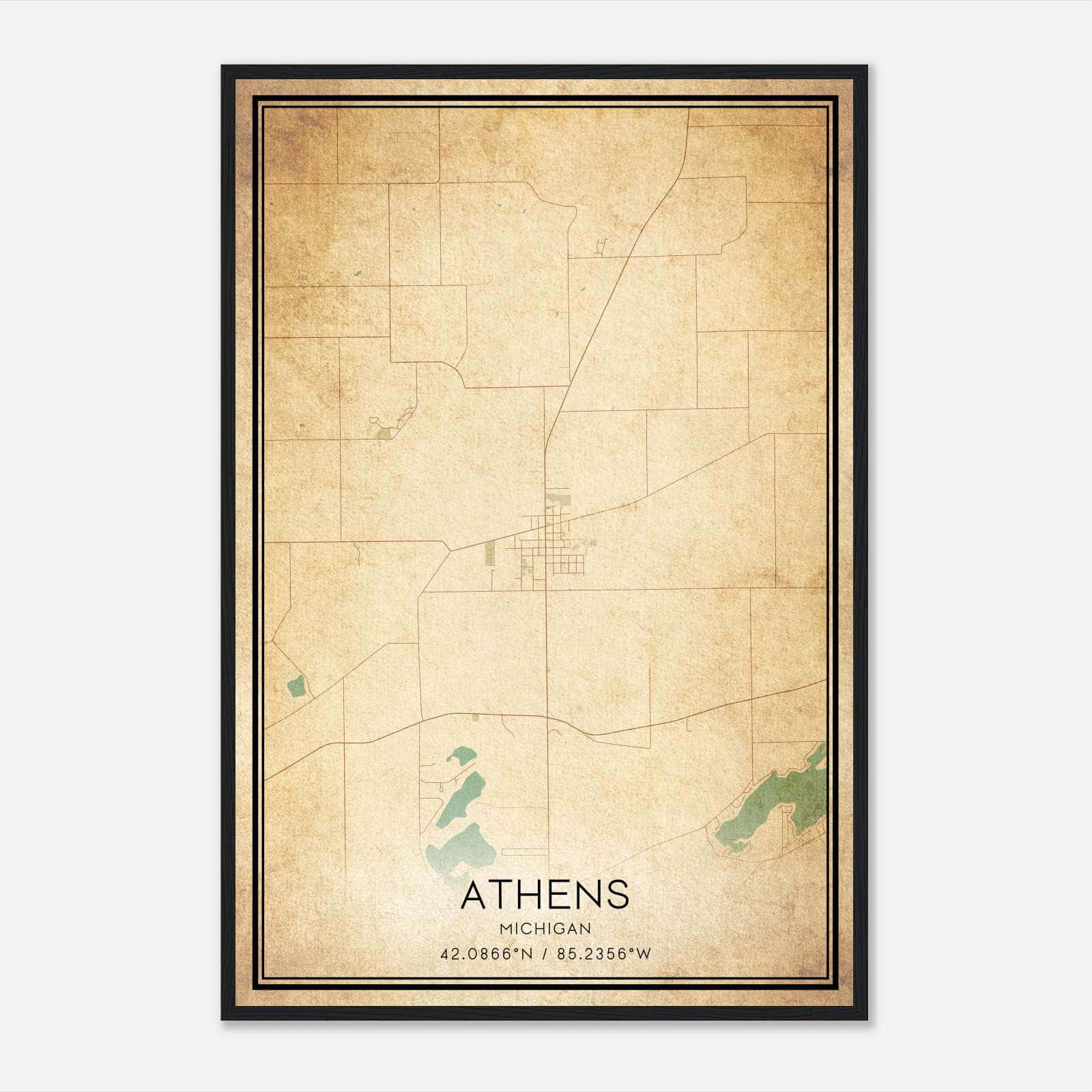 Vintage Athens Michigan Map Poster, Athens MI City Road Wall Art Print ...