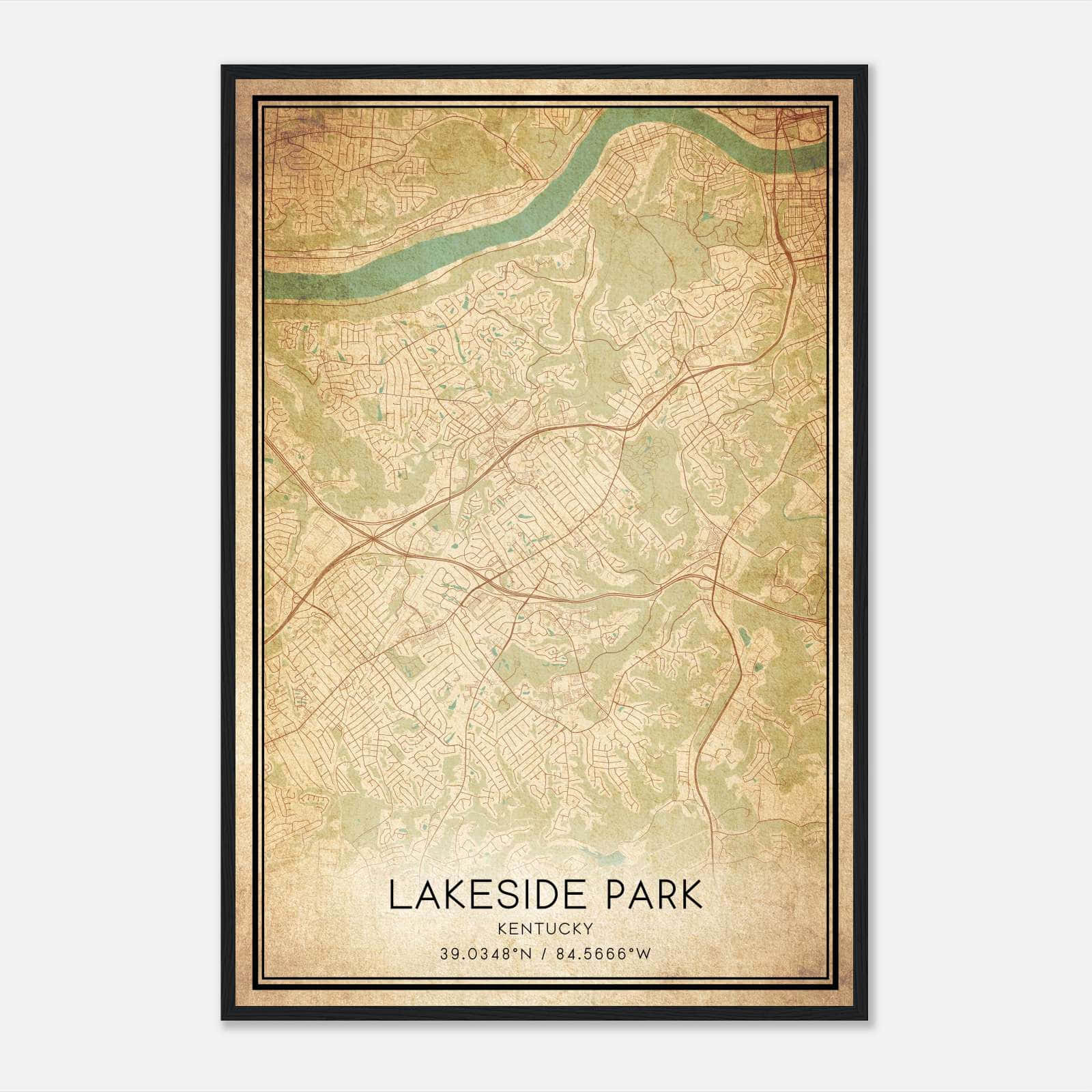 Vintage Lakeside Park Kentucky Map Poster, Lakeside Park KY City Road ...
