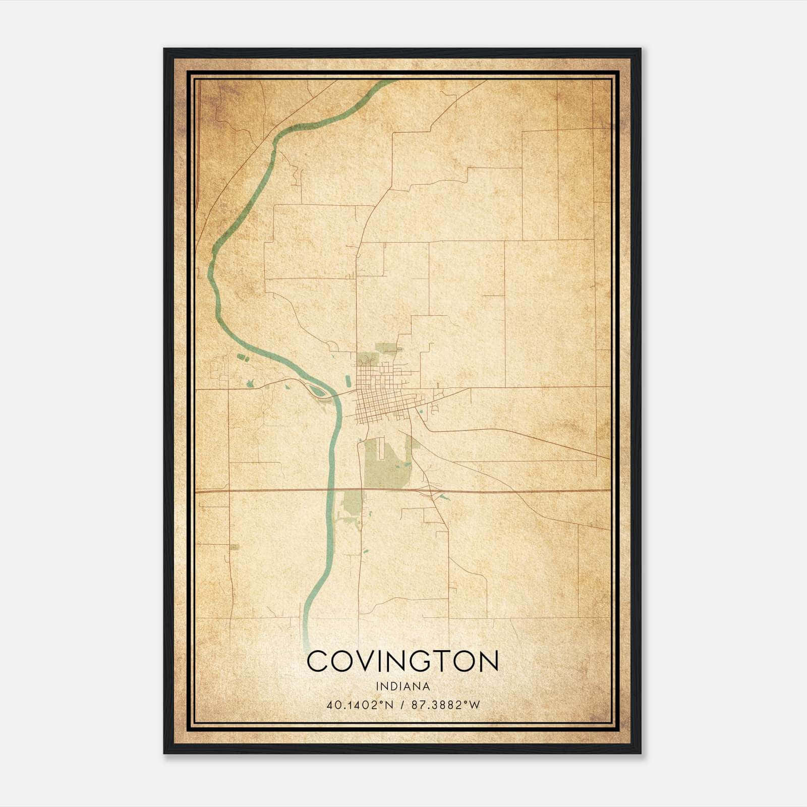 Vintage Covington Indiana Map Poster, Covington IN City Road Wall Art ...
