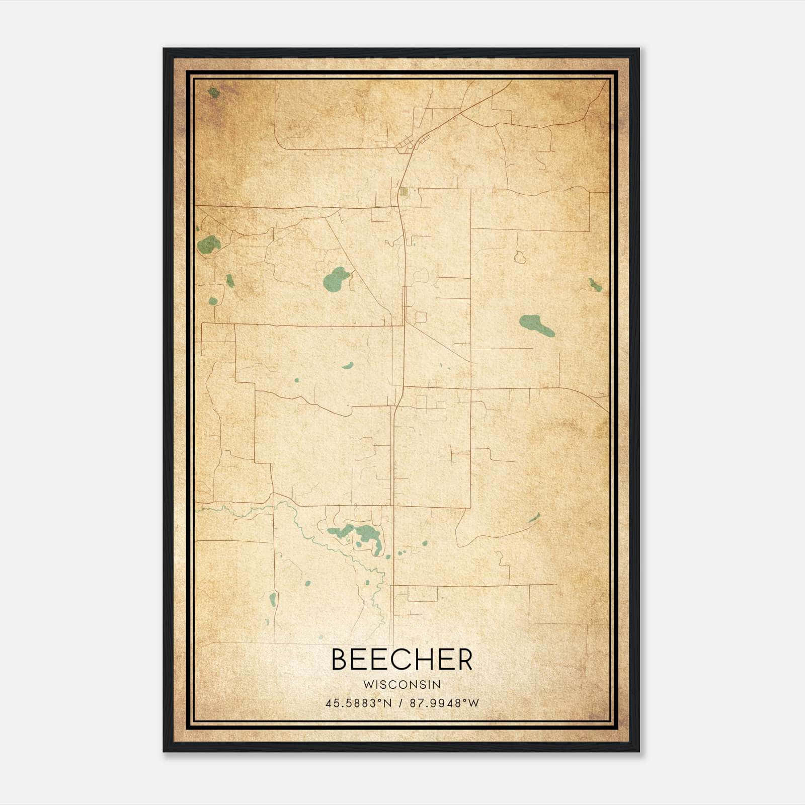 Vintage Beecher Wisconsin Map Poster, Beecher WI City Road Wall Art ...