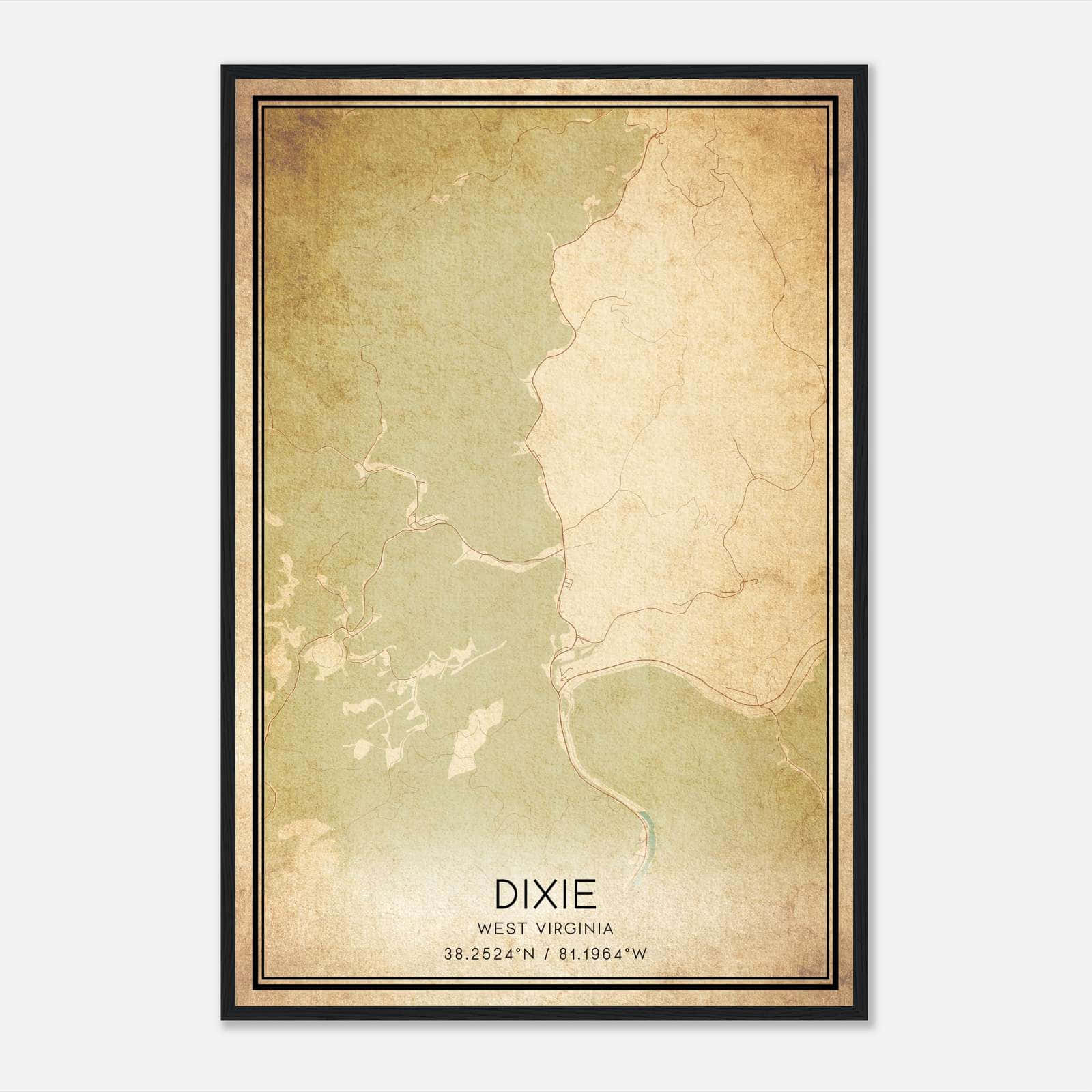 Vintage Dixie West Virginia Map Poster, Dixie WV City Road Wall Art Print - Custom Maps & Posters