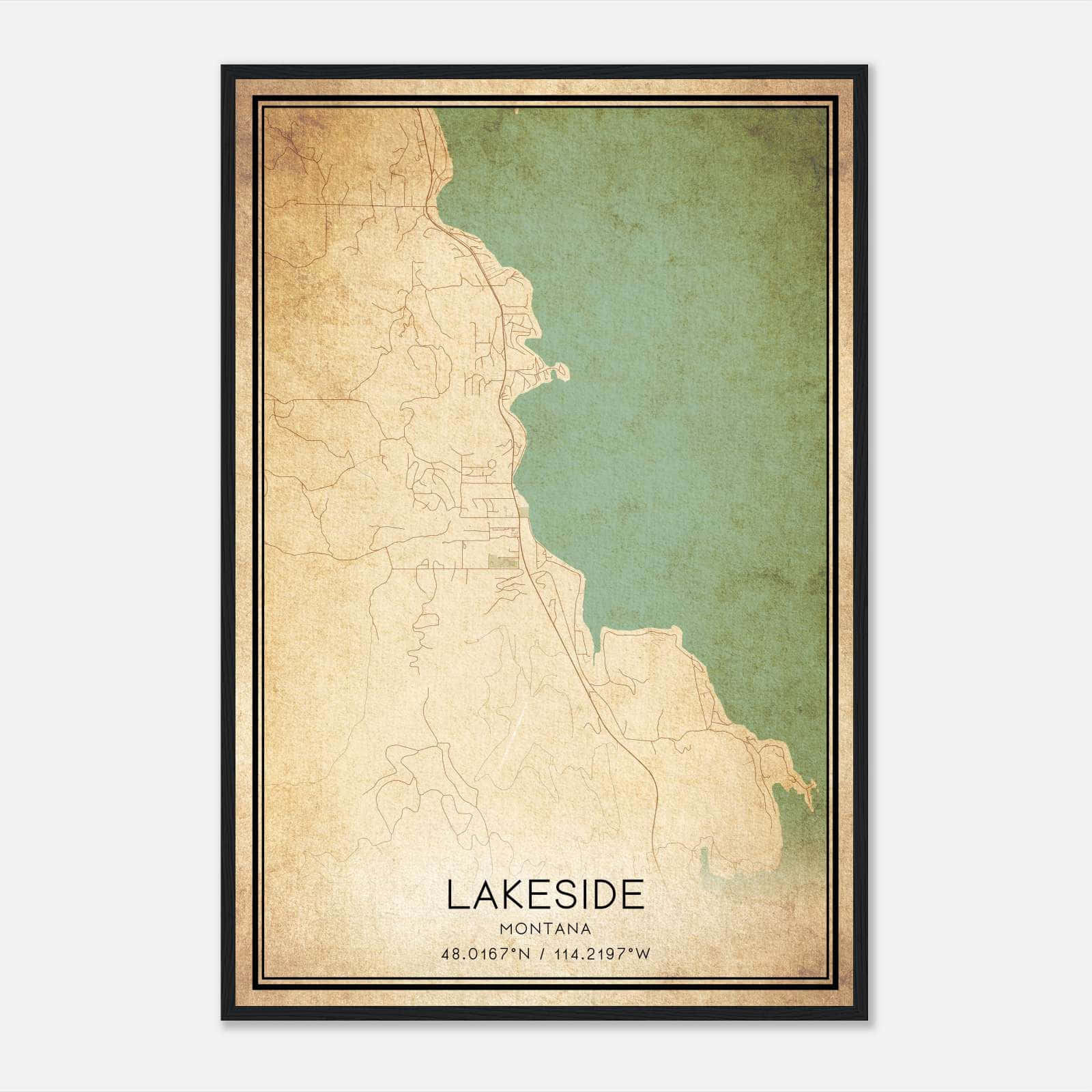 Vintage Lakeside Montana Map Poster, Lakeside MT City Road Wall Art ...