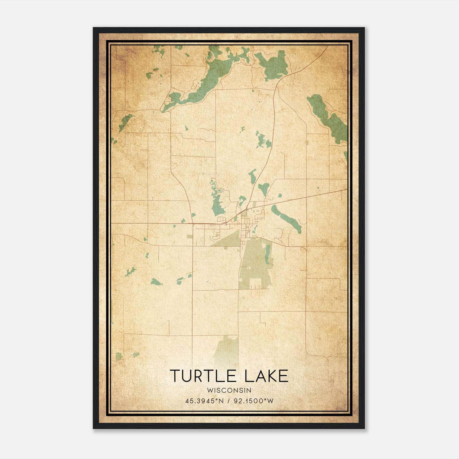 Vintage Turtle Lake Wisconsin Map Poster, Turtle Lake WI City Road Wall ...