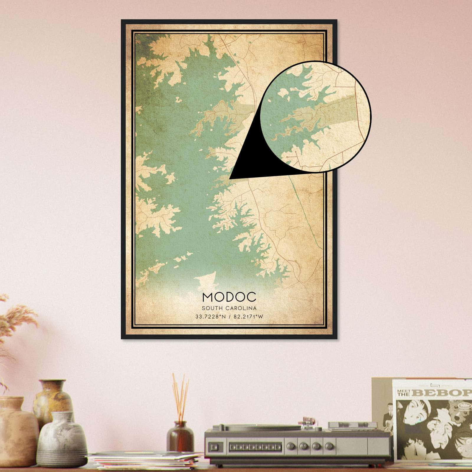 Vintage Modoc South Carolina Map Poster, Modoc SC City Road Wall Art ...
