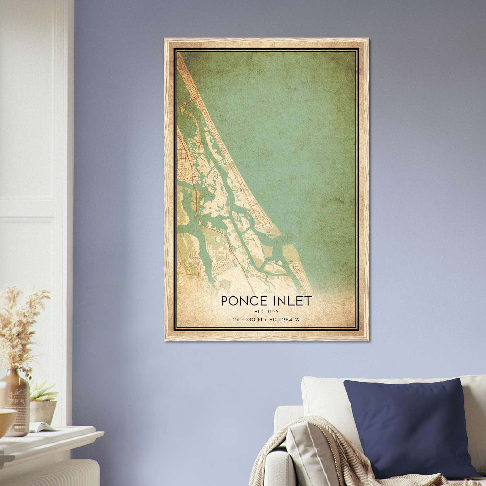 Vintage Ponce Inlet Florida Map Poster, Ponce Inlet FL City Road Wall ...