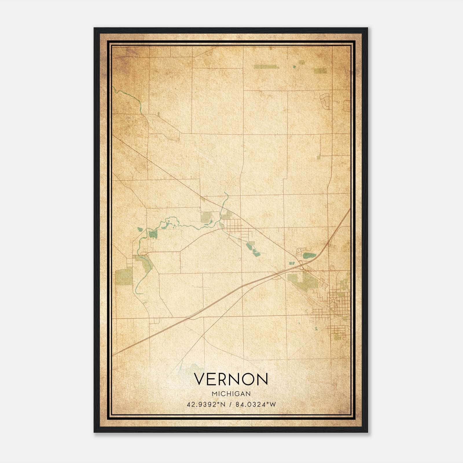 Vintage Vernon Michigan Map Poster, Vernon MI City Road Wall Art Print ...