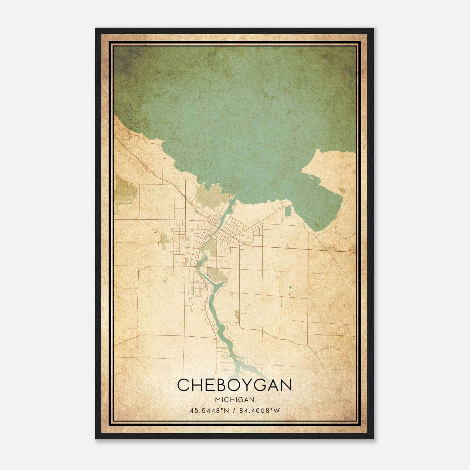 Vintage Cheboygan Michigan Map Poster, Cheboygan MI City Road Wall Art ...