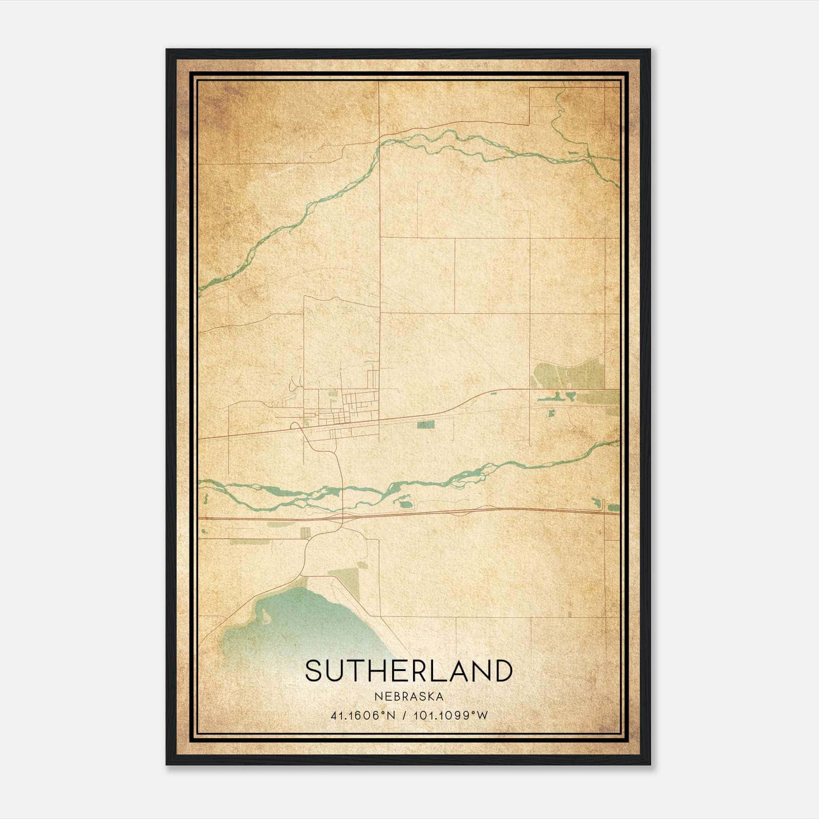Vintage Sutherland Nebraska Map Poster, Sutherland NE City Road Wall ...