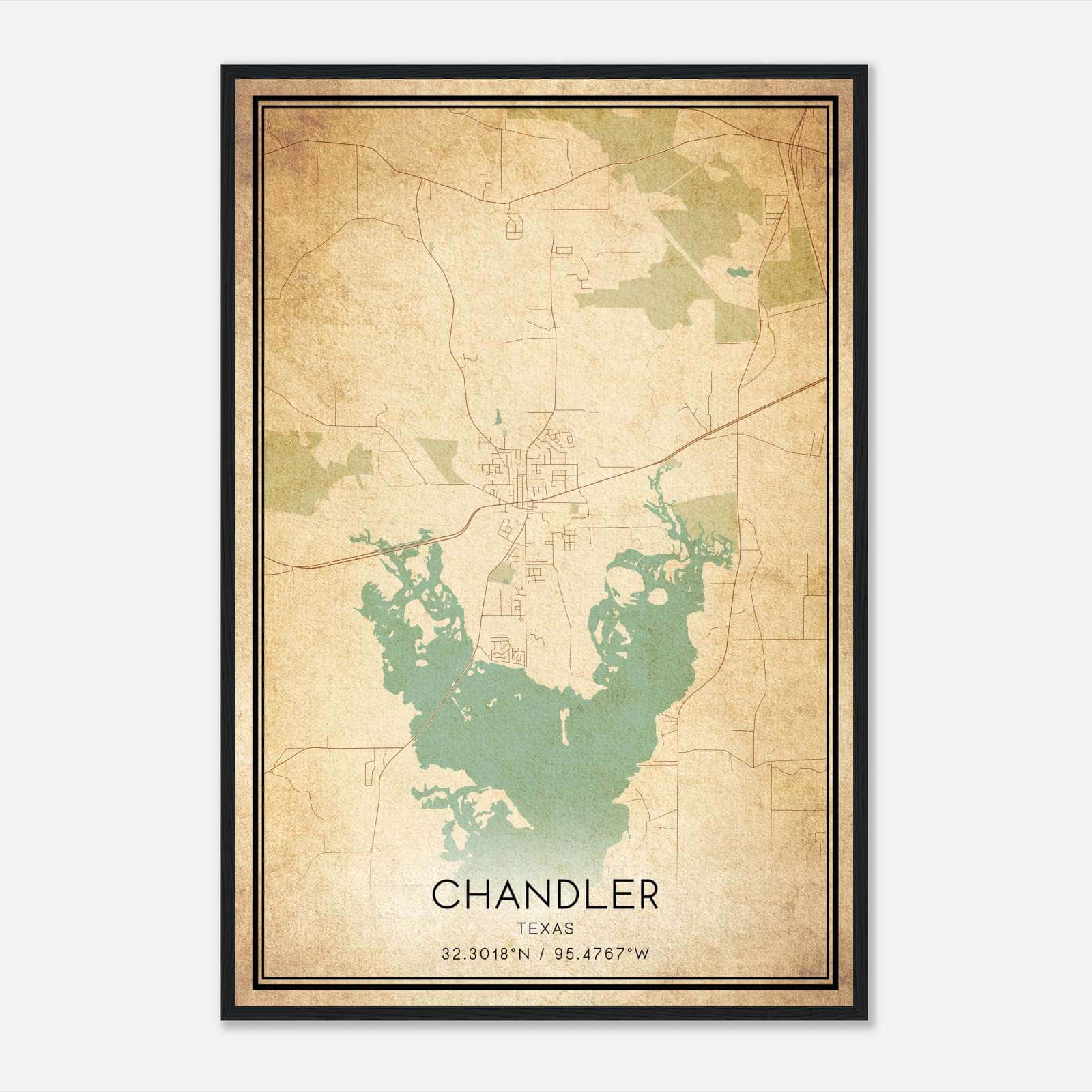 Vintage Chandler Texas Map Poster, Chandler TX City Road Wall Art Print ...