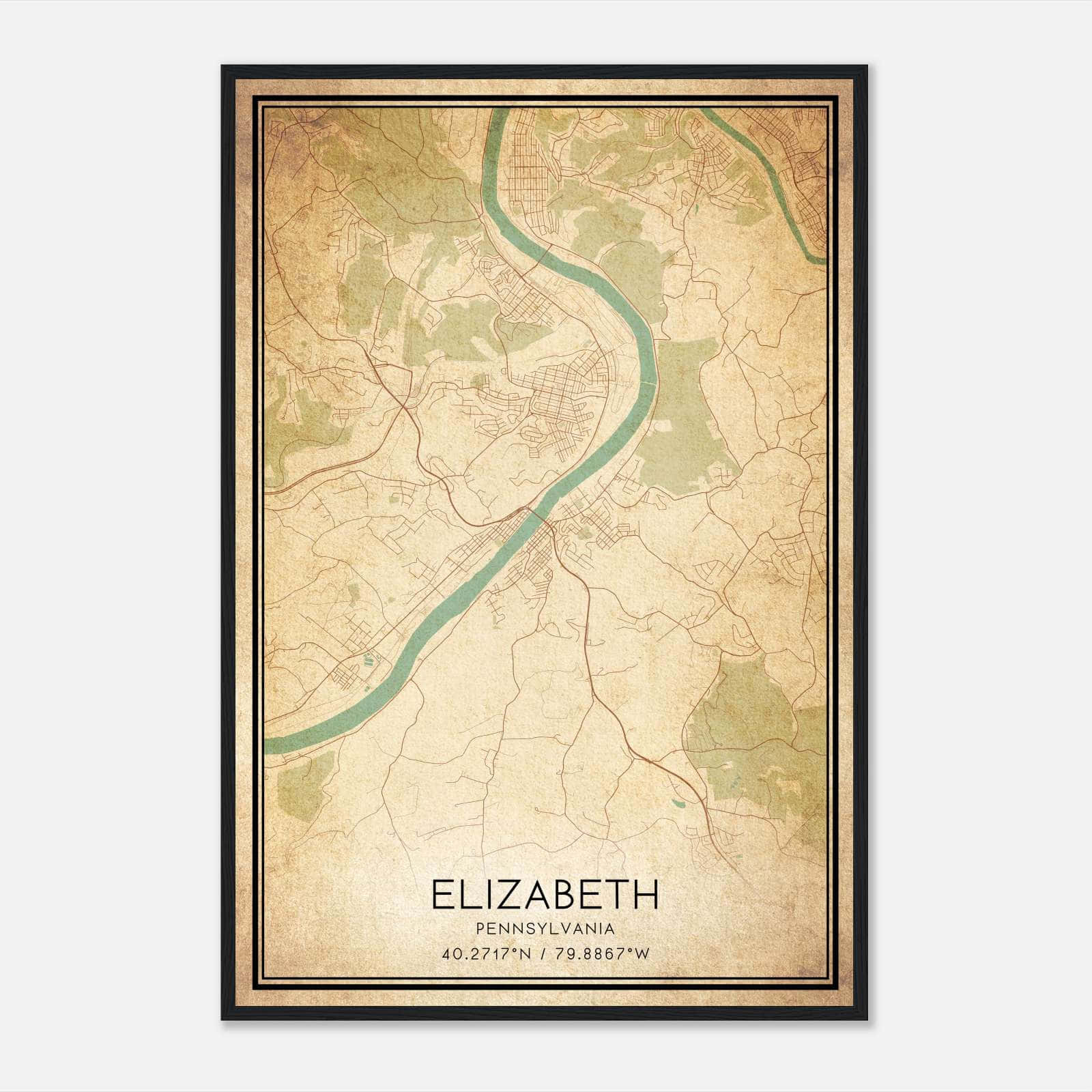 Vintage Elizabeth Pennsylvania Map Poster, Elizabeth PA City Road Wall ...