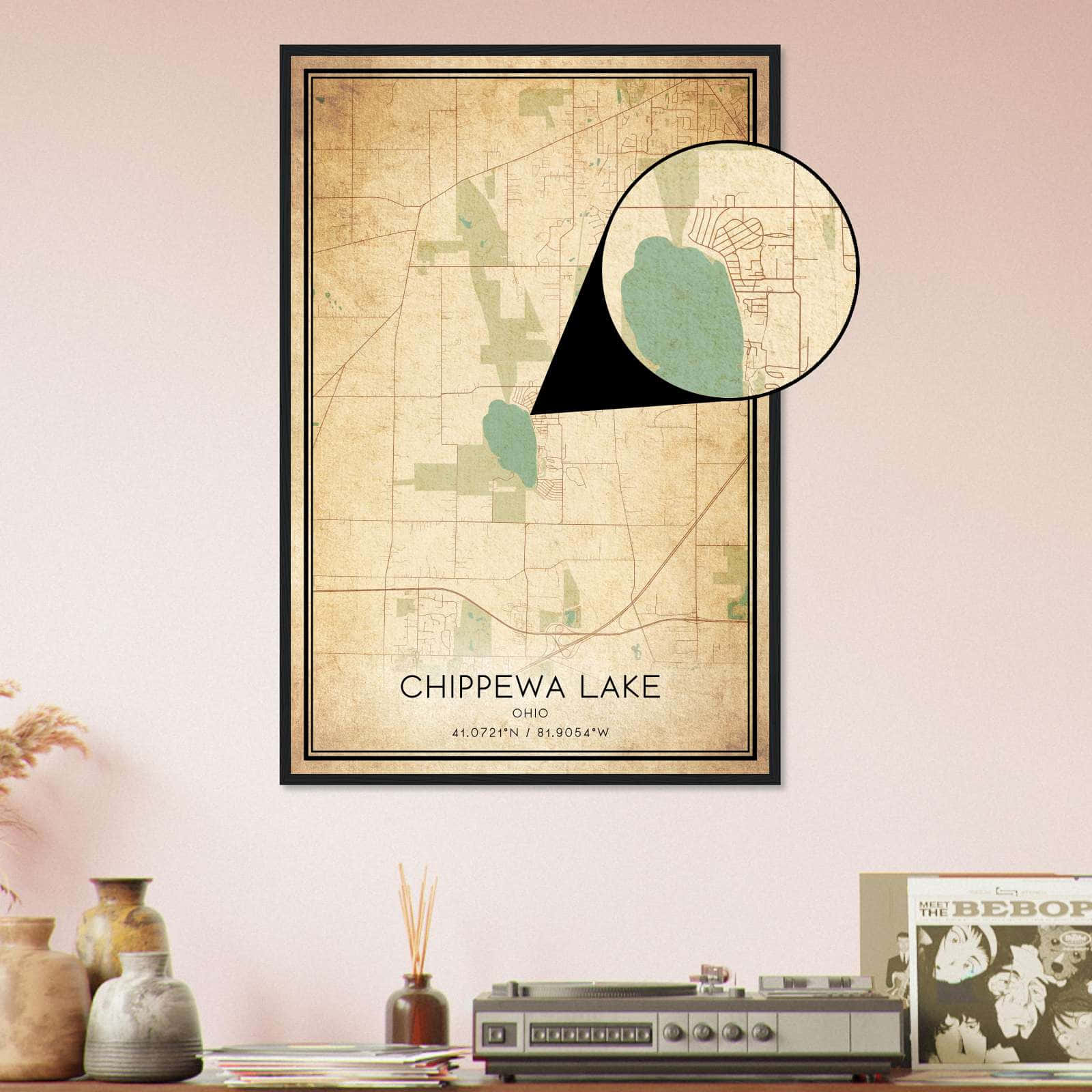 Vintage Chippewa Lake Ohio Map Poster, Chippewa Lake OH City Road Wall ...