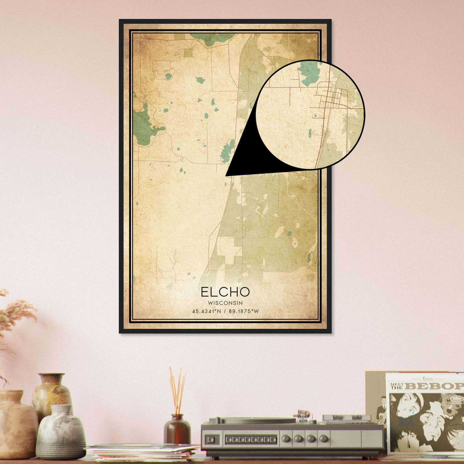 Vintage Elcho Wisconsin Map Poster, Elcho WI City Road Wall Art Print ...