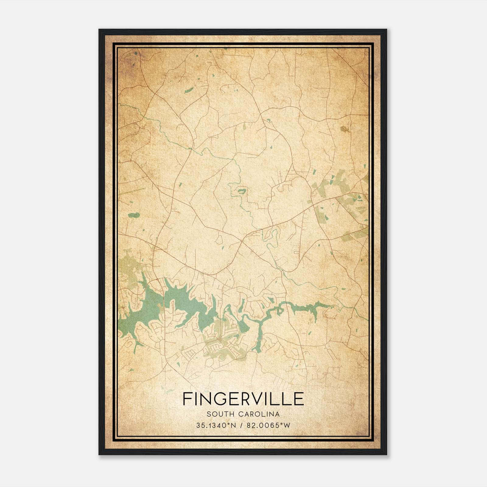 Vintage Fingerville South Carolina Map Poster, Fingerville SC City Road ...