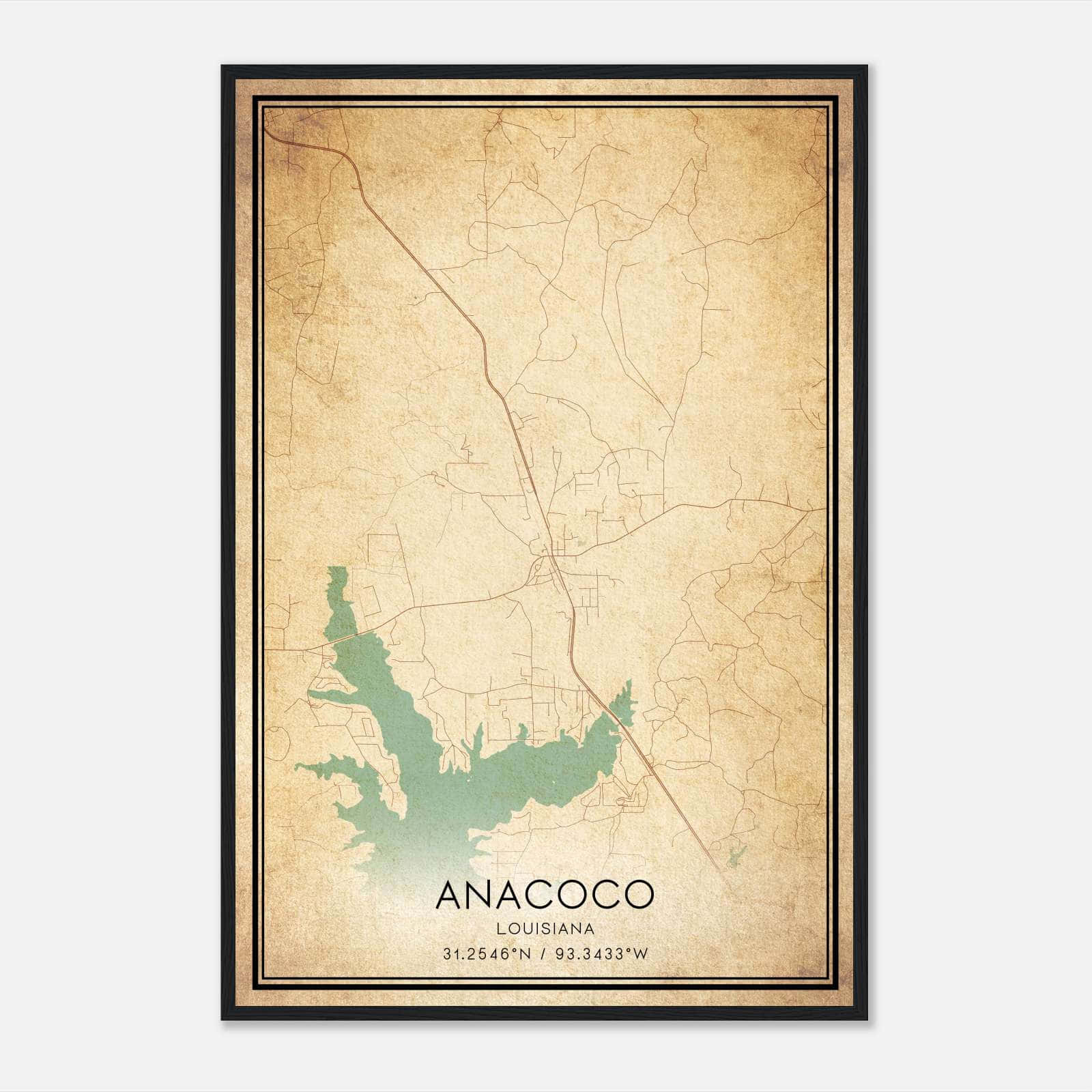 Vintage Anacoco Louisiana Map Poster, Anacoco LA City Road Wall Art ...