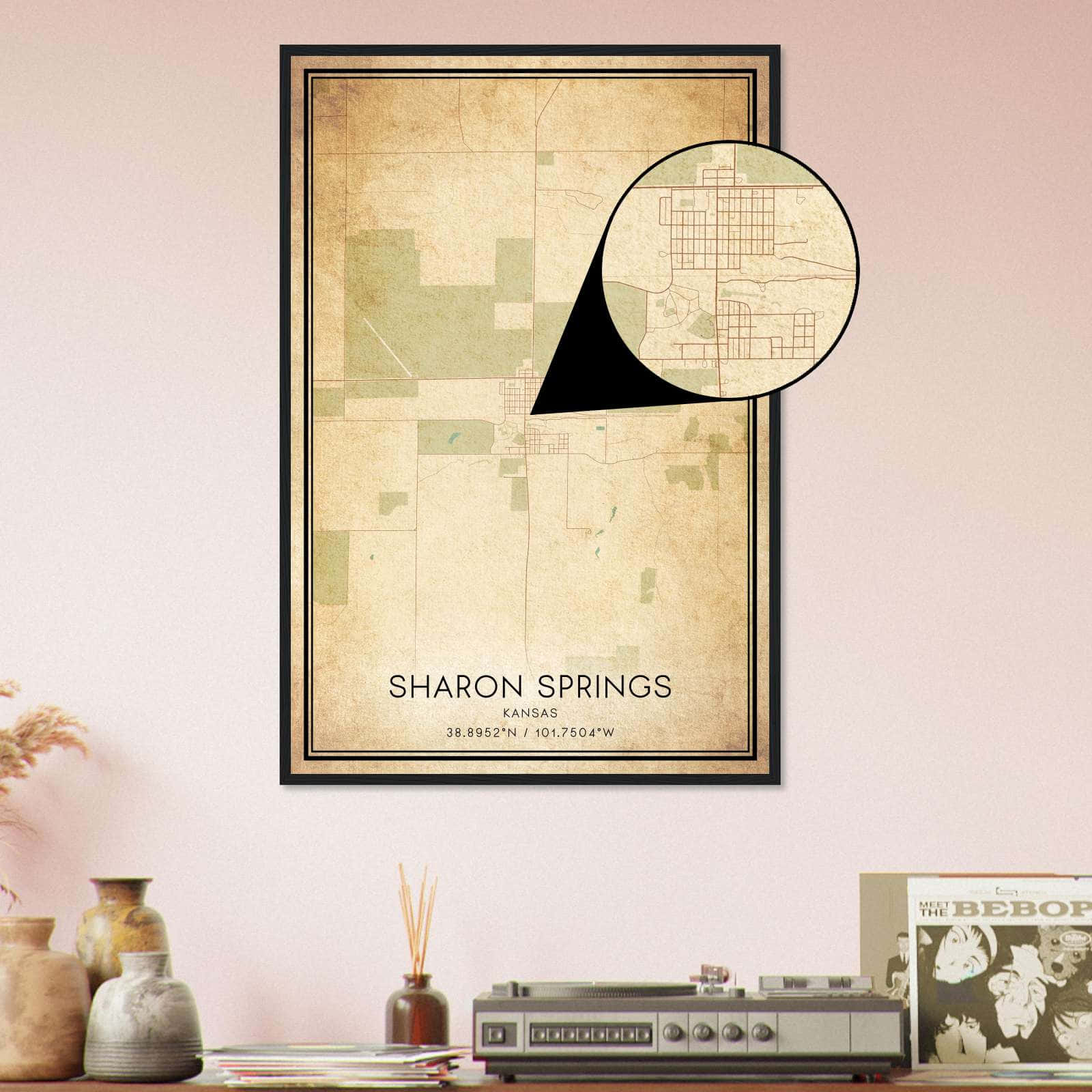 Vintage Sharon Springs Kansas Map Poster, Sharon Springs KS City Road ...