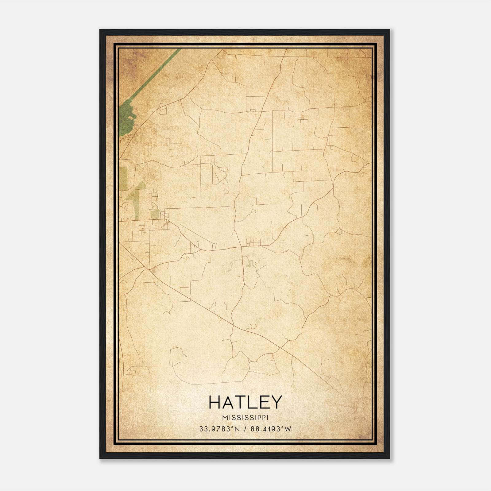 Vintage Hatley Mississippi Map Poster, Hatley MS City Road Wall Art ...