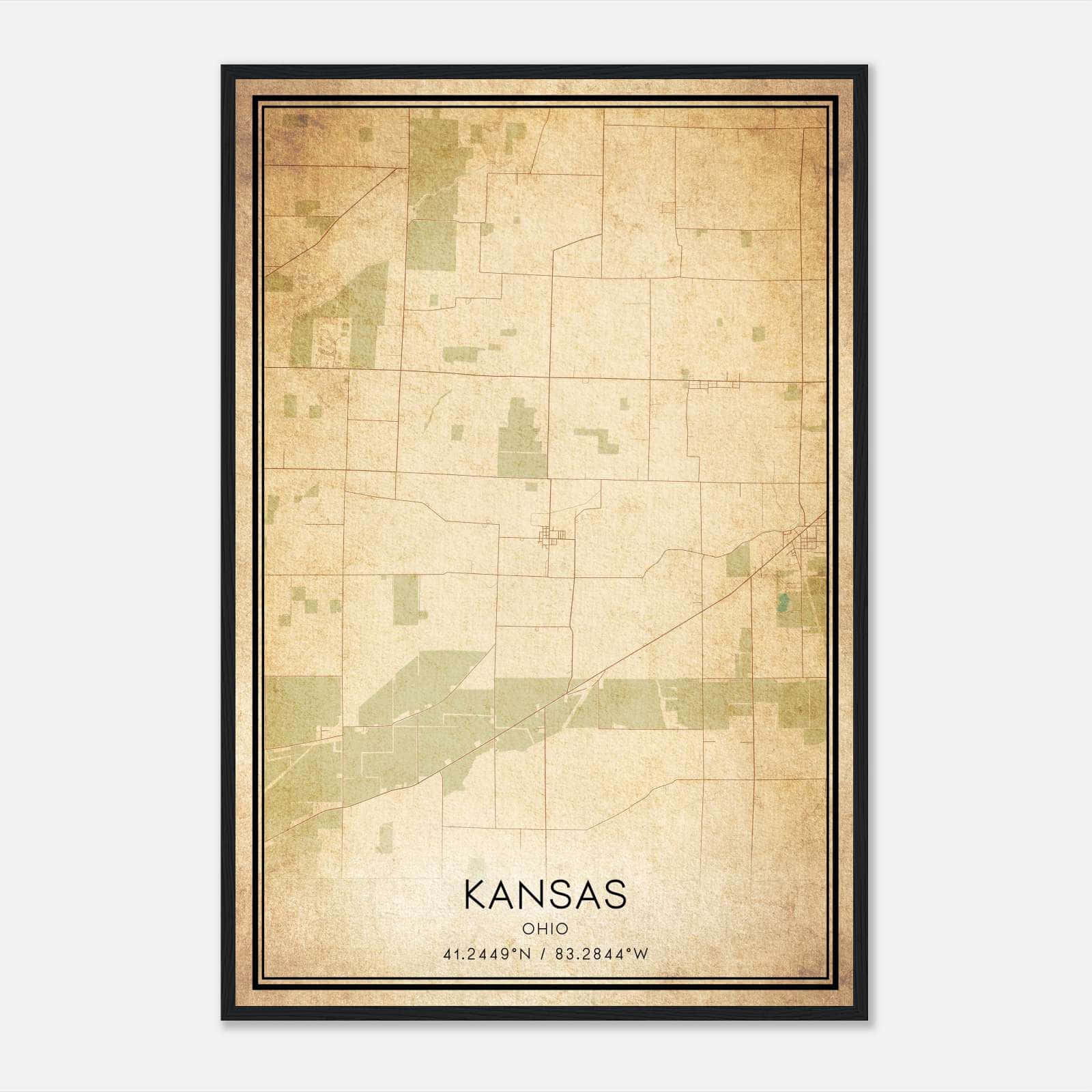Vintage Kansas Ohio Map Poster, Kansas OH City Road Wall Art Print ...
