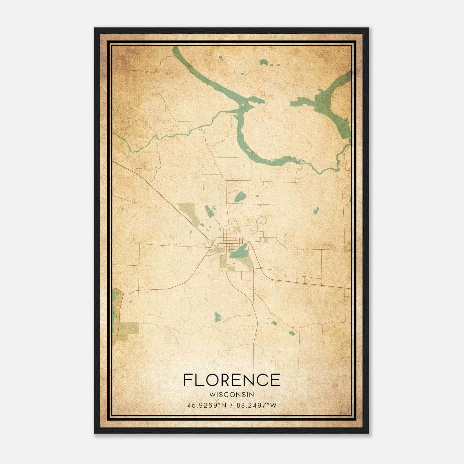 Vintage Florence Wisconsin Map Poster, Florence WI City Road Wall Art ...