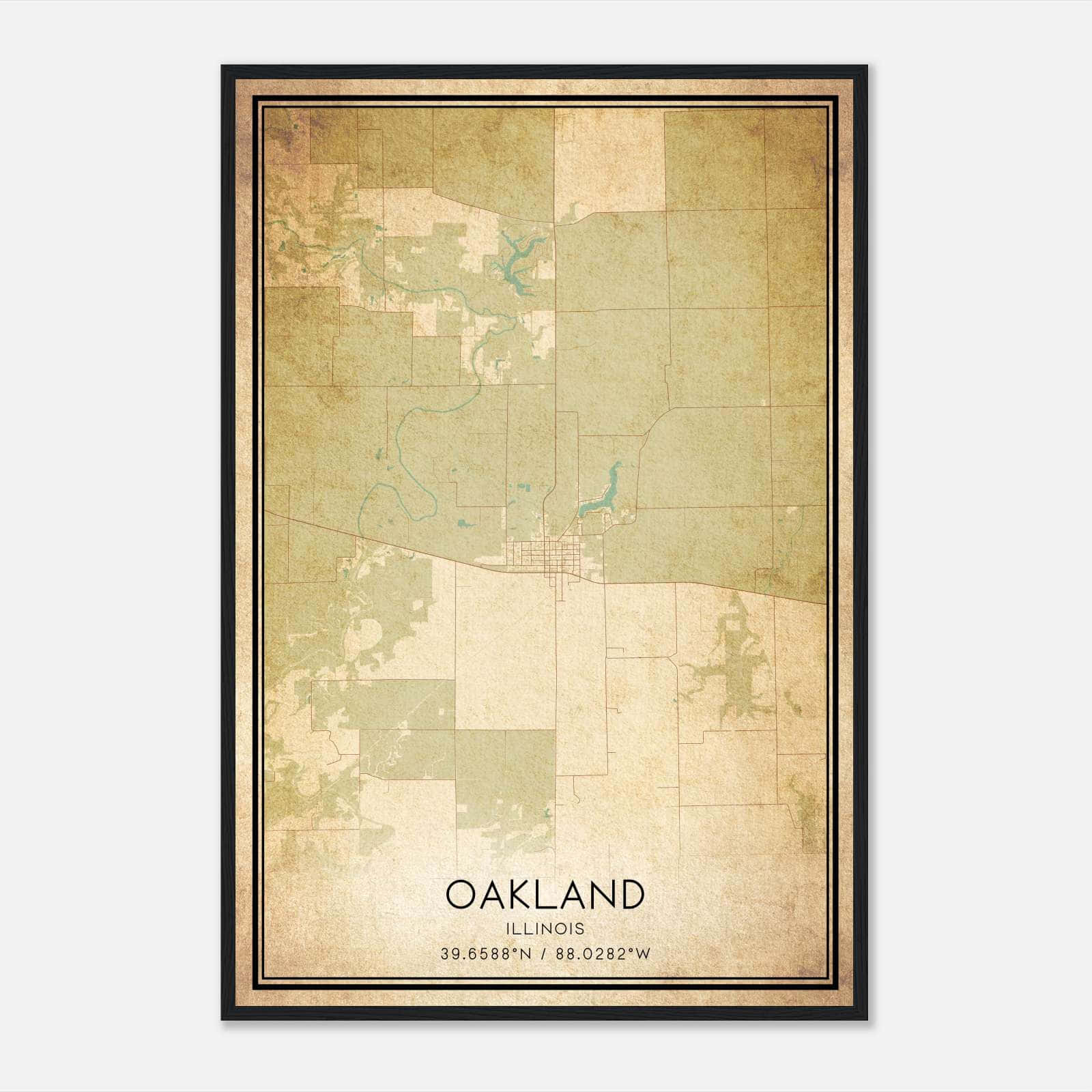 Vintage Oakland Illinois Map Poster, Oakland IL City Road Wall Art ...