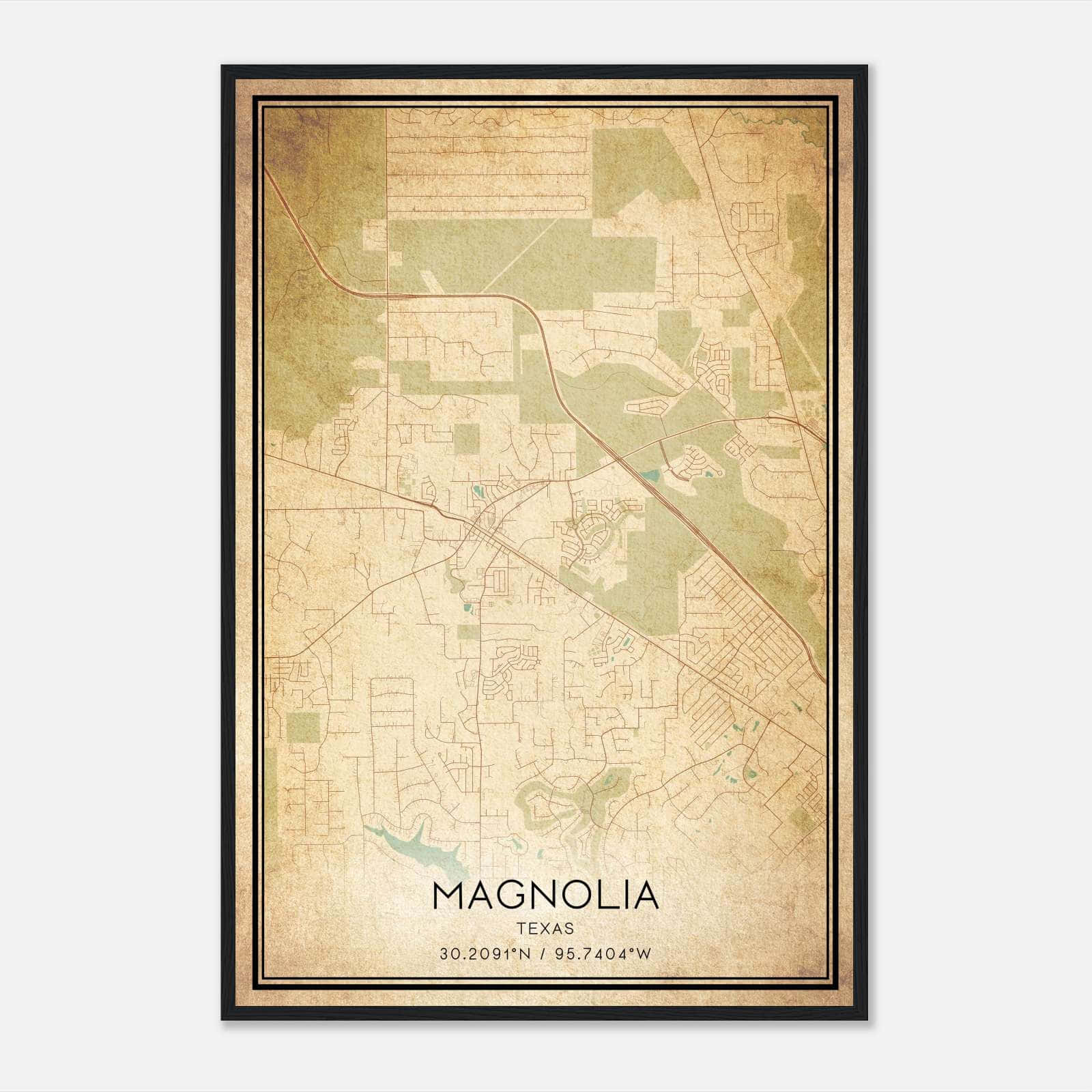 Vintage Magnolia Texas Map Poster, Magnolia TX City Road Wall Art Print ...