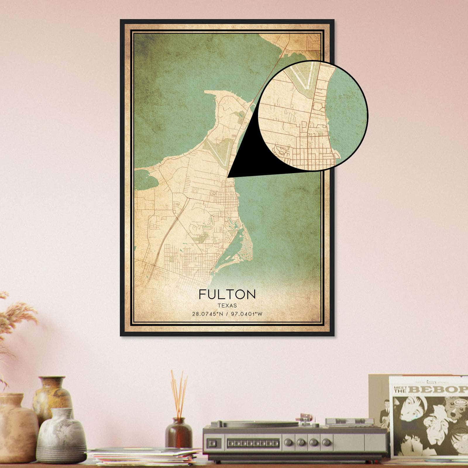 Vintage Fulton Texas Map Poster, Fulton TX City Road Wall Art Print ...