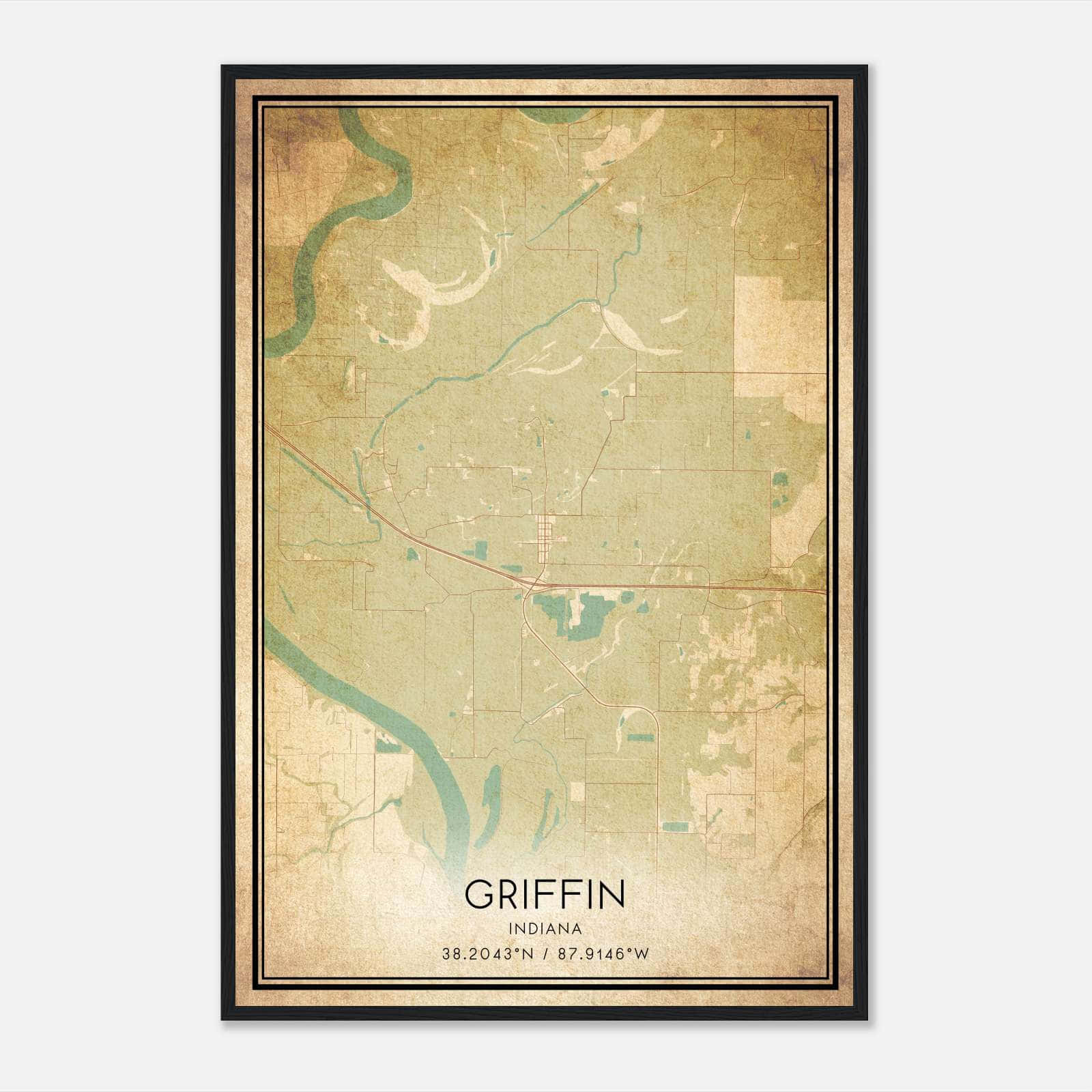 Vintage Griffin Indiana Map Poster, Griffin IN City Road Wall Art Print ...